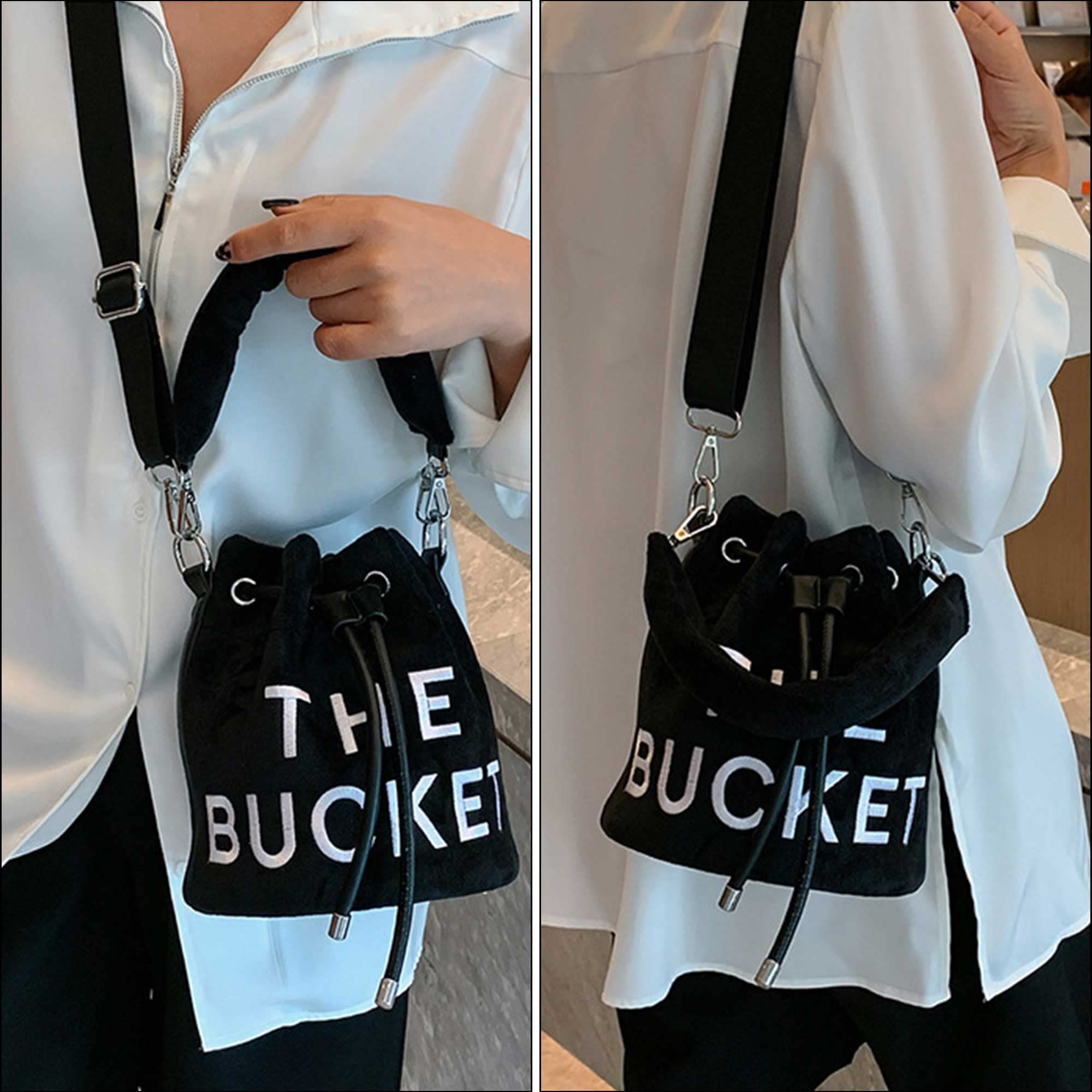Qiayime Bucket Bag for Women, Mini Shoulder Bag Purses Soft Plush Top-Handle Crossbody Bucket Bag Drawstring Handbag Hobo Bag (Black)