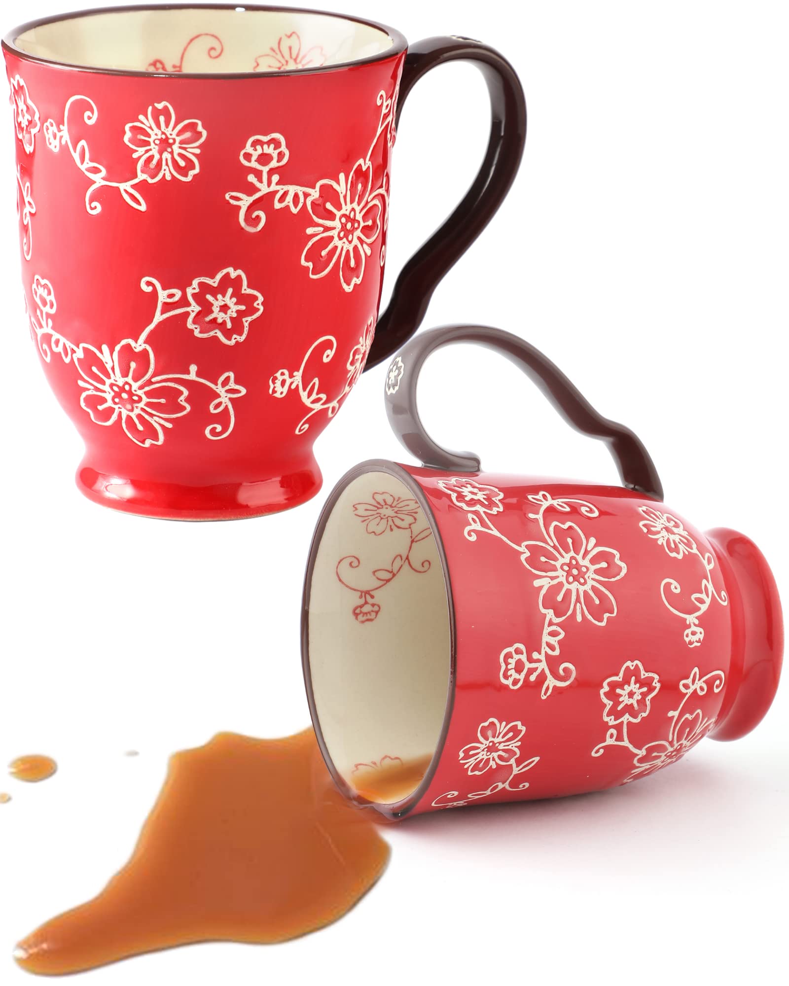 KUNABOO Artisanal Ceramic Mugs, Ceramic Coffee Cups, Coffee Mug Set of 2-11 oz -Sakura Floral Series Cherry Red - Ready to Wrap Gift