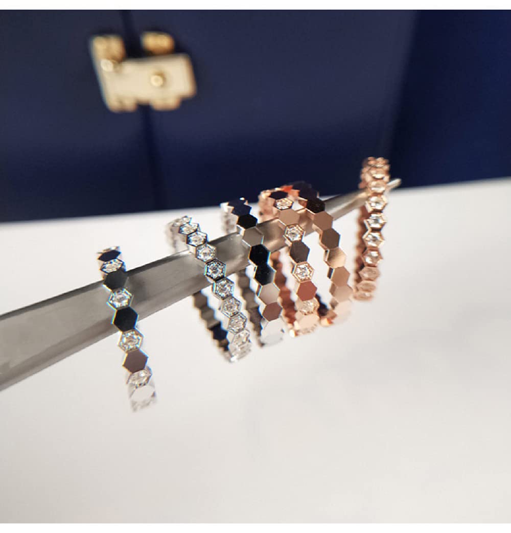 Lun Detail 18K Plated Platinum/Rose Gold Cute Bee Honeycomb Ring Minimalist Women's Geometric 3PCS Set Shiny Cubic Zirconia Diamond Hexagonal Wedding Anniversary Eternity (6#, Platinum)