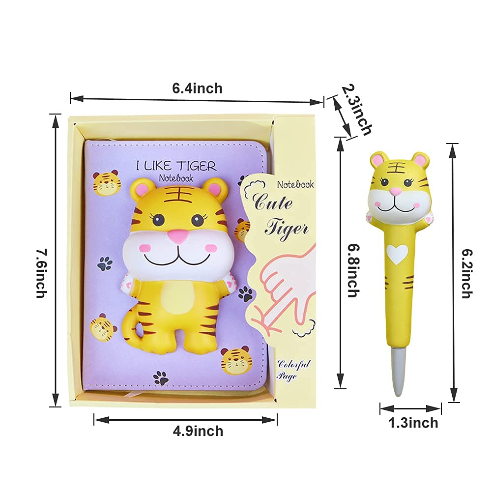 LemoHome Notebook for Girls Notebooks with Squishy Animals Stress Relief Pen,Cute Decompression Journal for women,Tiger Notebooks+one pens