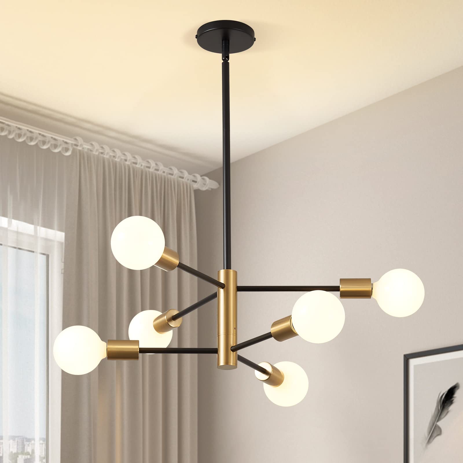KAISITE Modern Sputnik Chandelier - 6 Light Chandelier Light Fixture Height Adjustable Mid Century Ceiling Chandelier Plating Finished Black and Gold Chandelier for Kitchen Bedroom and Foyer