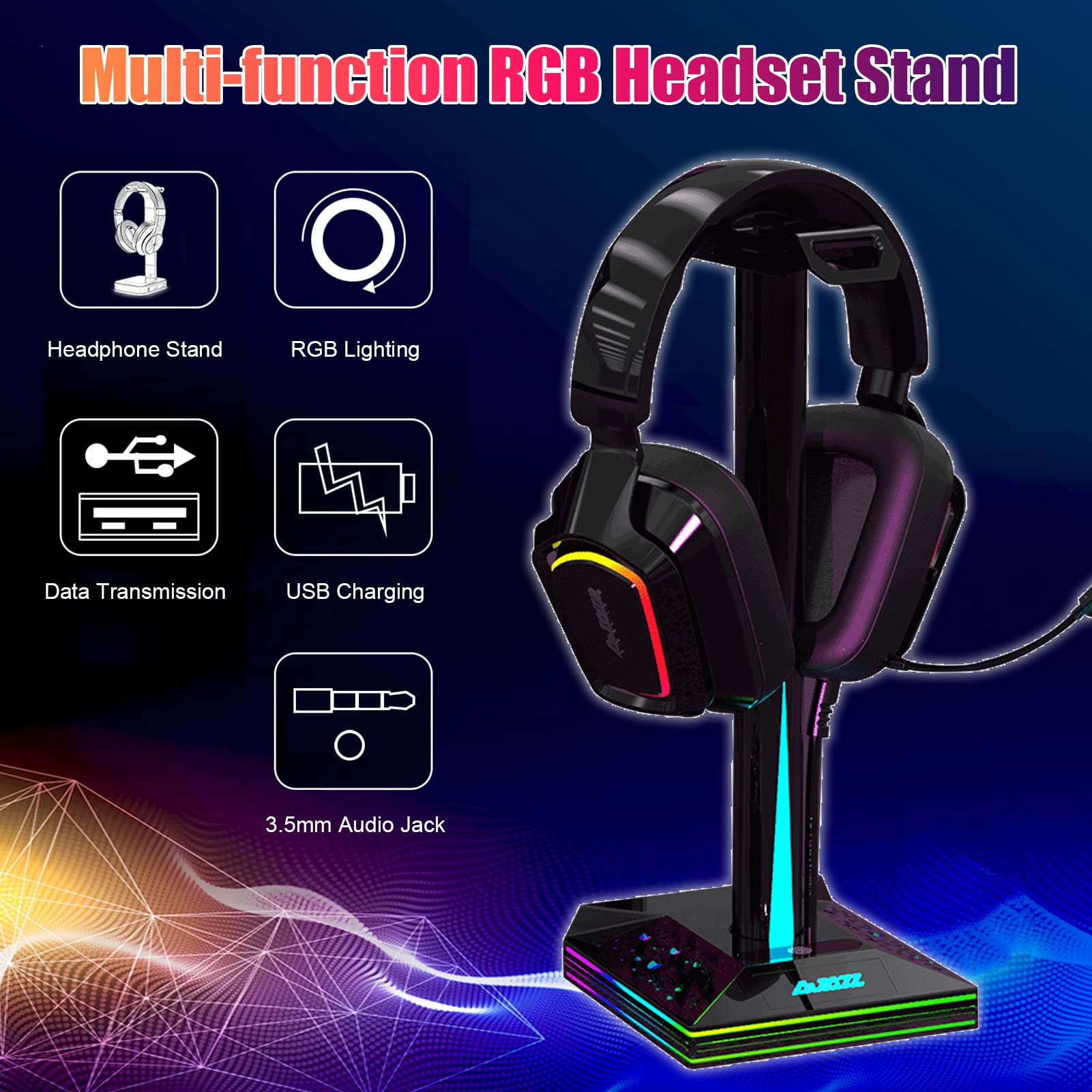 Lomiluskr EB01 RGB Headphone Stand with 2 USB Ports and 3.5mm AUX, 14 RGB Lighting Effects, Desk Gaming Headset Holder Hanger Rack (Pink)