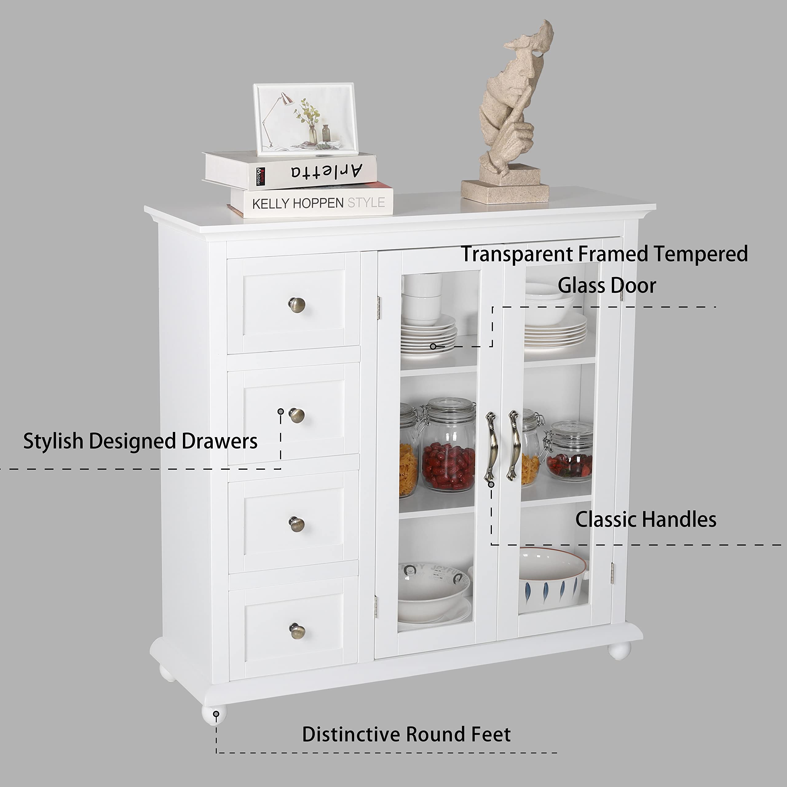 MUPATER Kitchen Buffet Sideboard Storage Cabinet, Floor Cupboard Cabinet with 2 Glass Doors and 4 Drawers for Home Dining Room, Living Room and Entryway, Dark Grey