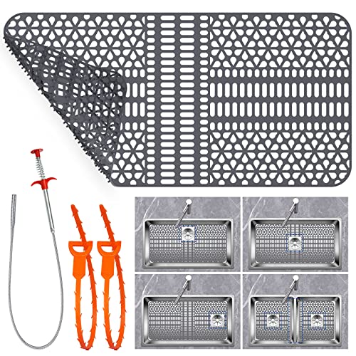 Sink Mats for Bottom of Kitchen Sink, KOCWELL Non-Slip Kitchen Sink Mats,Sink Protectors for Kitchen Sink,Silicone Sink Mat Protector With Cuttable Drain Holes, Grey Sink Mat Grid Accessory 26''×13''