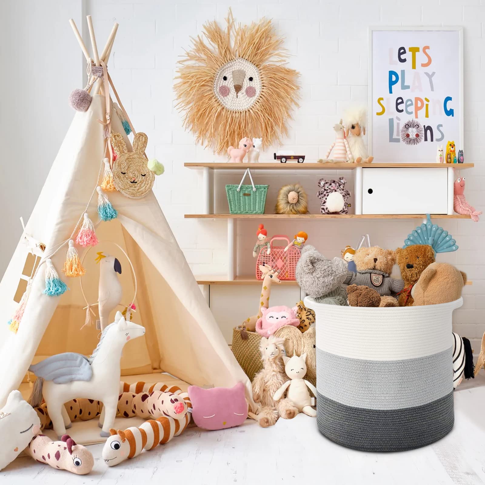 XKY XXXLarge Baskets Laundry Hamper,Rope Storage Basket with Long Handles,Decorative Basket for Living room,Woven Storage Basket for Toys Bin,Pillows, Blankets,Clothes-18x20in-Gradient Gradient Gray