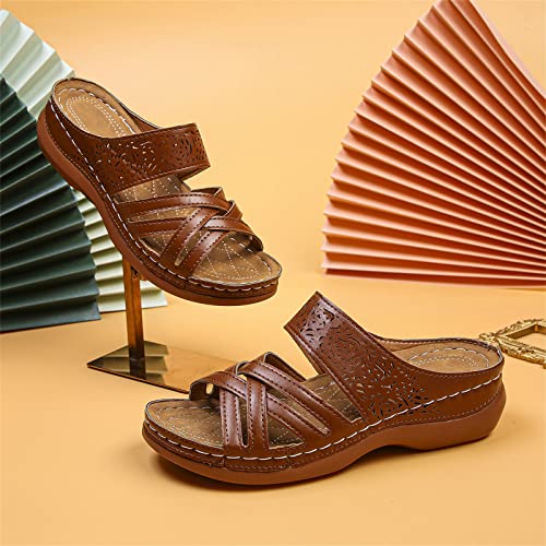 sckarle Women Slides Soft Faux Leather Wedge Sandal Crisscross Strap Hollow Breathable Arch Support Comfortable Platform Sandal