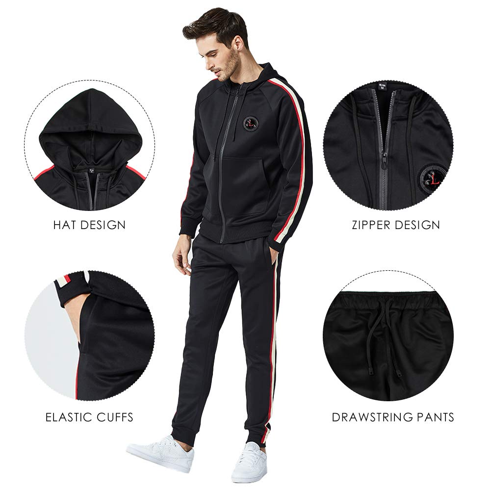 LBL Men's Sports Tracksuit Set Hooded Zip-up Casual Gym Jogging Sweat Suit Black M