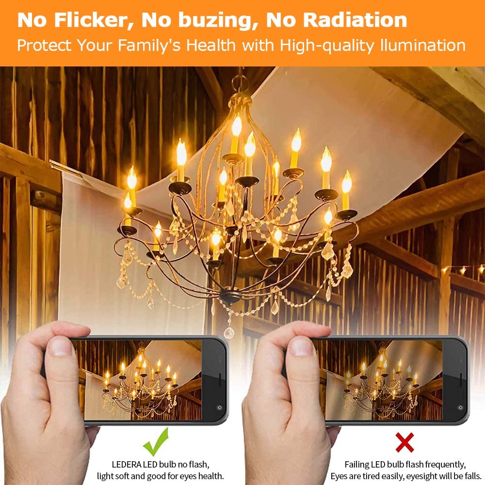 LEDERA Edison Bulb, 4W Equivalent 40 W, E12 Base Candelabra Candle Light Bulbs, Warm White 2700K, Filament Clear Glass Candle Lamp for Ceiling Fan, Non-Dimmable, Pack of 12