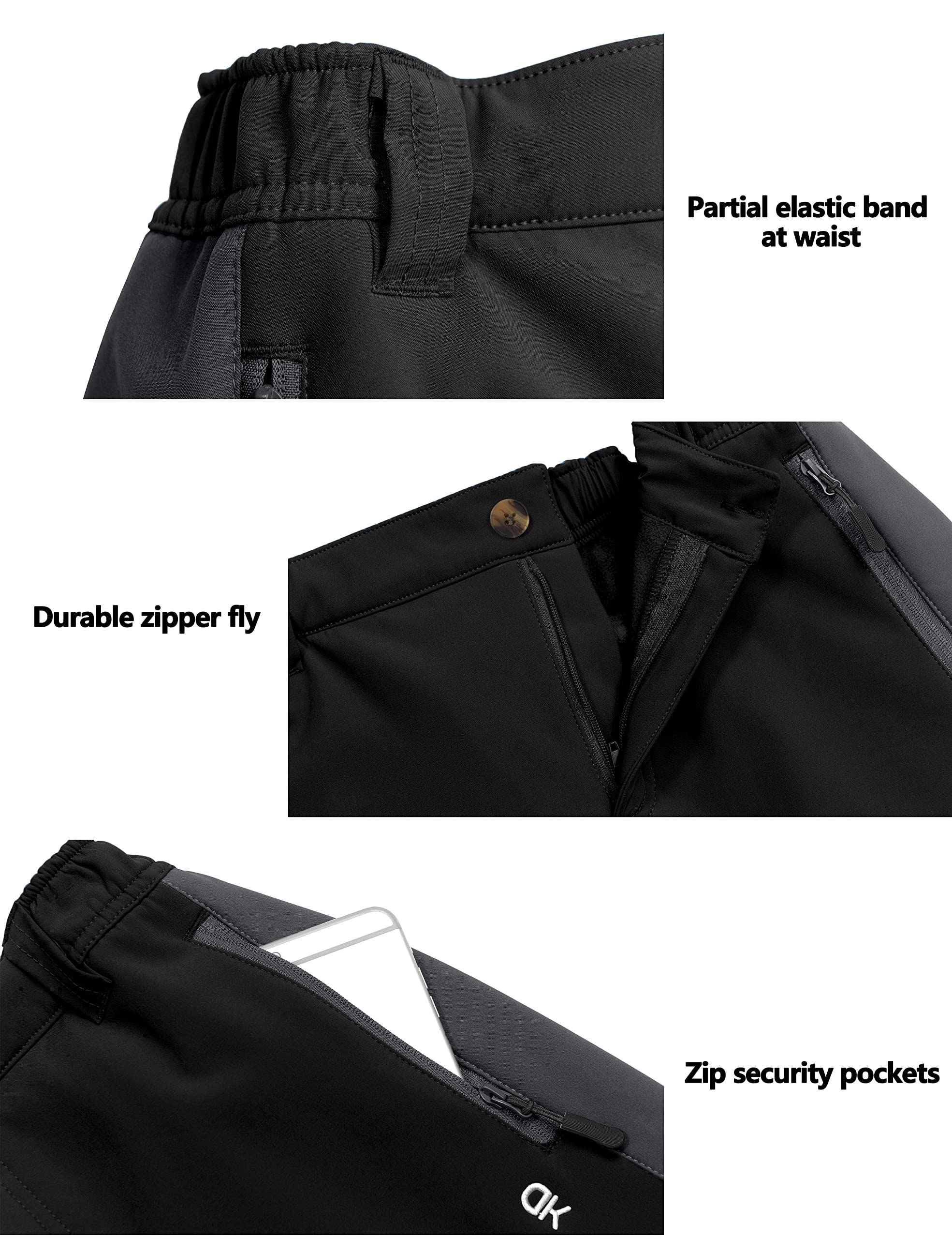 Little Donkey Andy Men’s Winter Hiking Ski Snow Pants, Softshell Insulated Pants, Fleece Lined, Water Repellant Black Size XXL