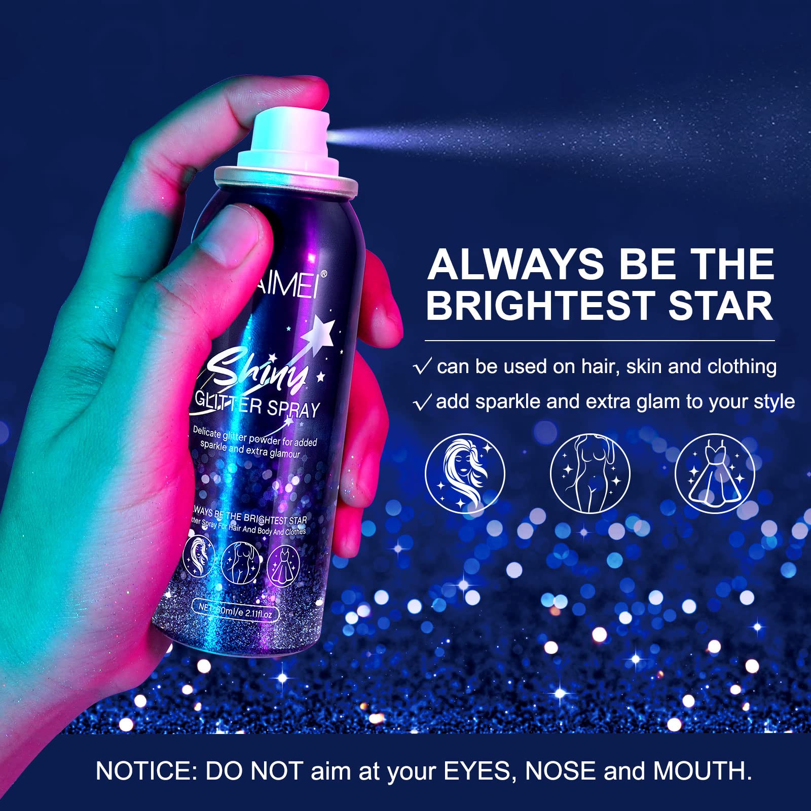 Shiny Glitter Spray, Body and Hair Glitter Spray, Quick-Drying Waterproof Body Shimmery Spray (2.11 oz)