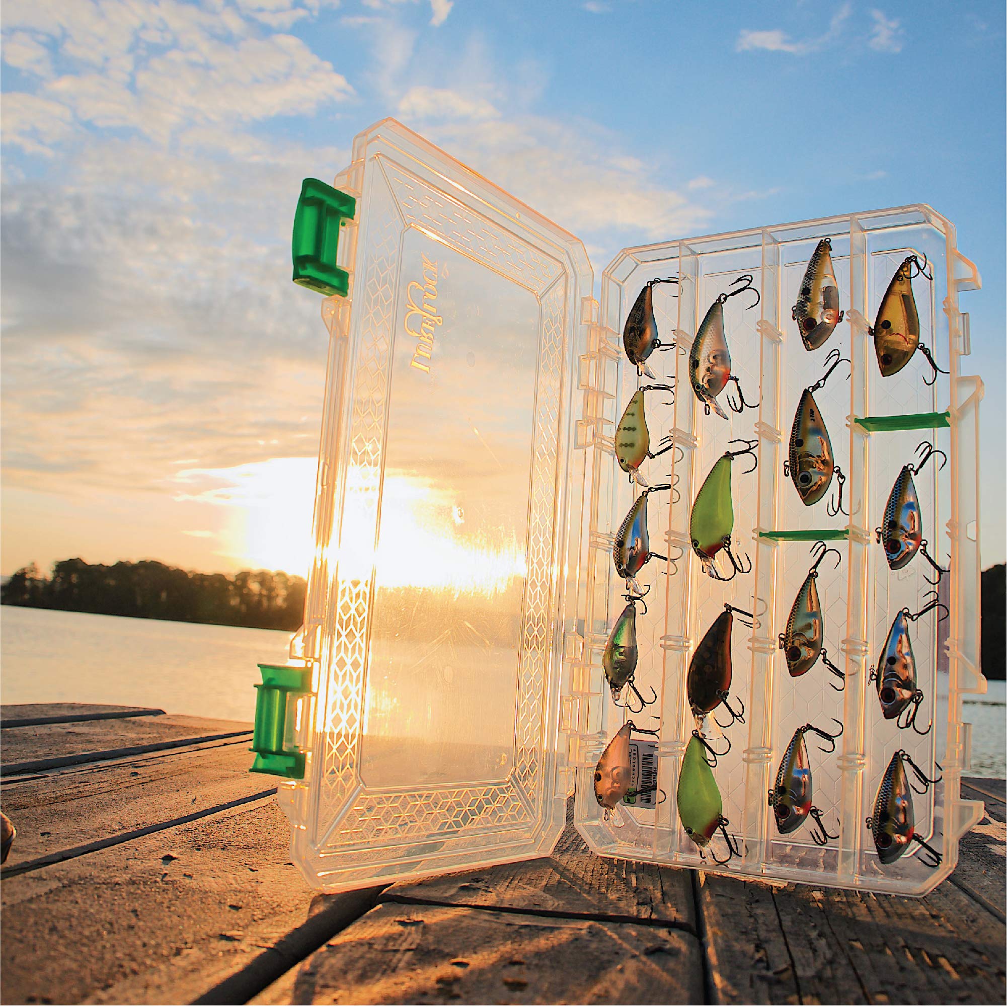 Lure Lock LL1D Large Deep Box - 1-4 Cavity w/Ocean Blue Tak Logic Liner, Clear w/Green Accent, Two Trays