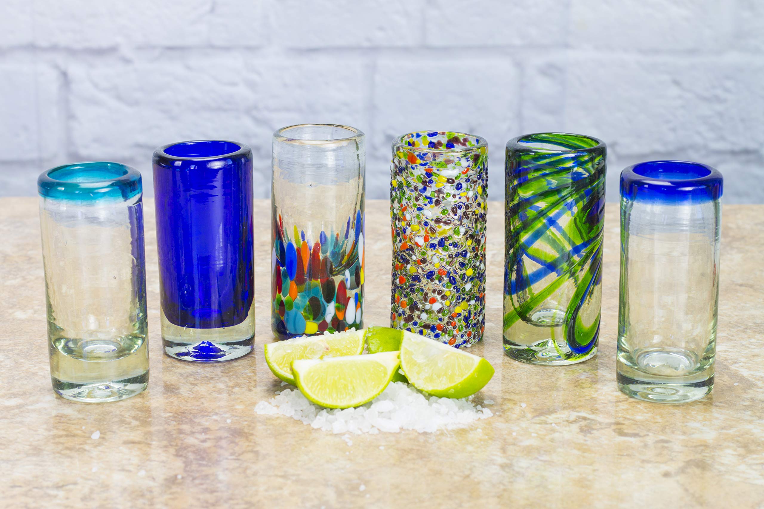 MEXART Artisan Crafted Hand Blown 6 Different Design Collection Recycled Glass Shots Glasses, 2 oz. 'Classic' (set of 6)