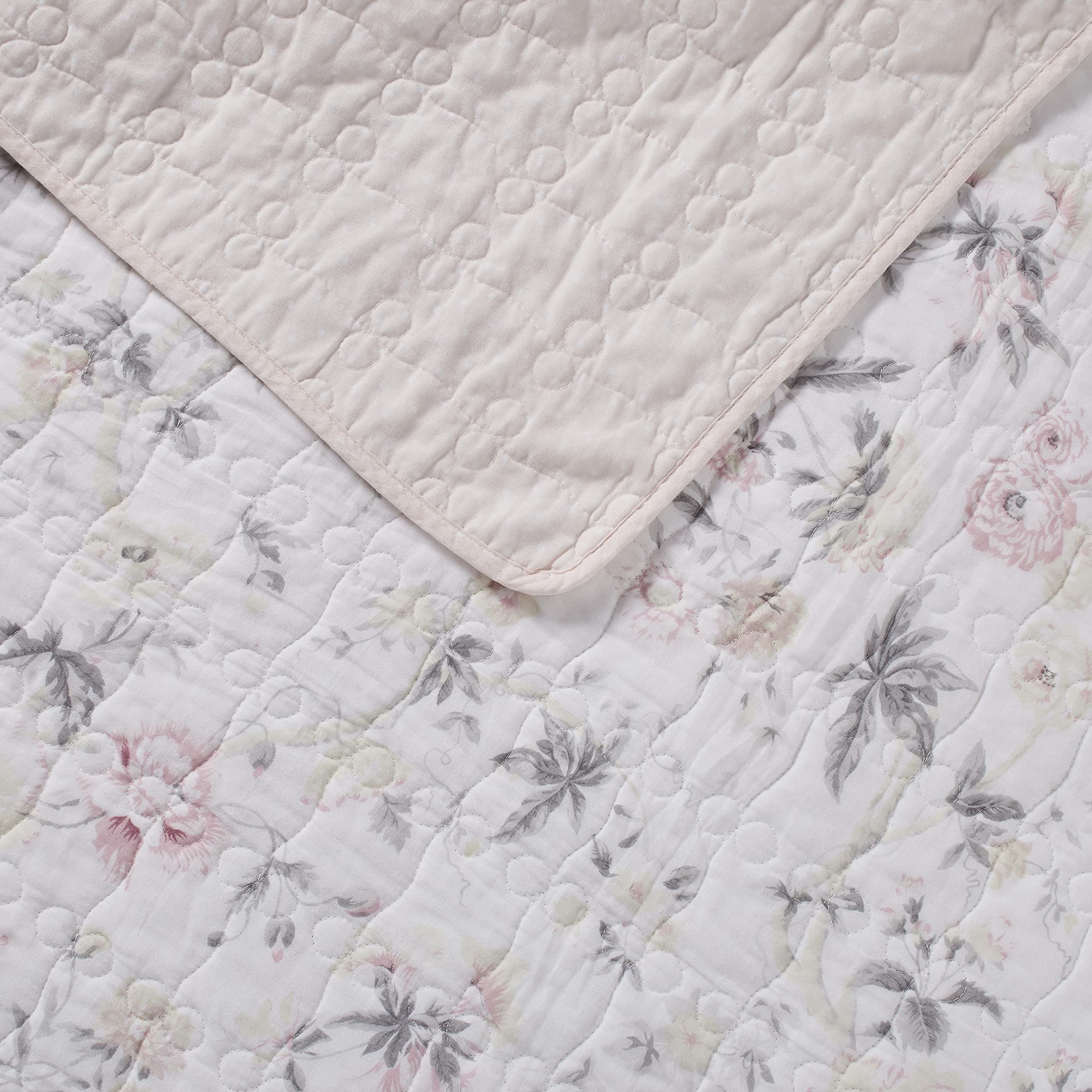 Laura Ashley - Queen Quilt Set, Reversible Cotton Bedding with Matching Shams, Lightweight Home Decor for All Seasons (Breezy Floral Pink/Grey, Queen)