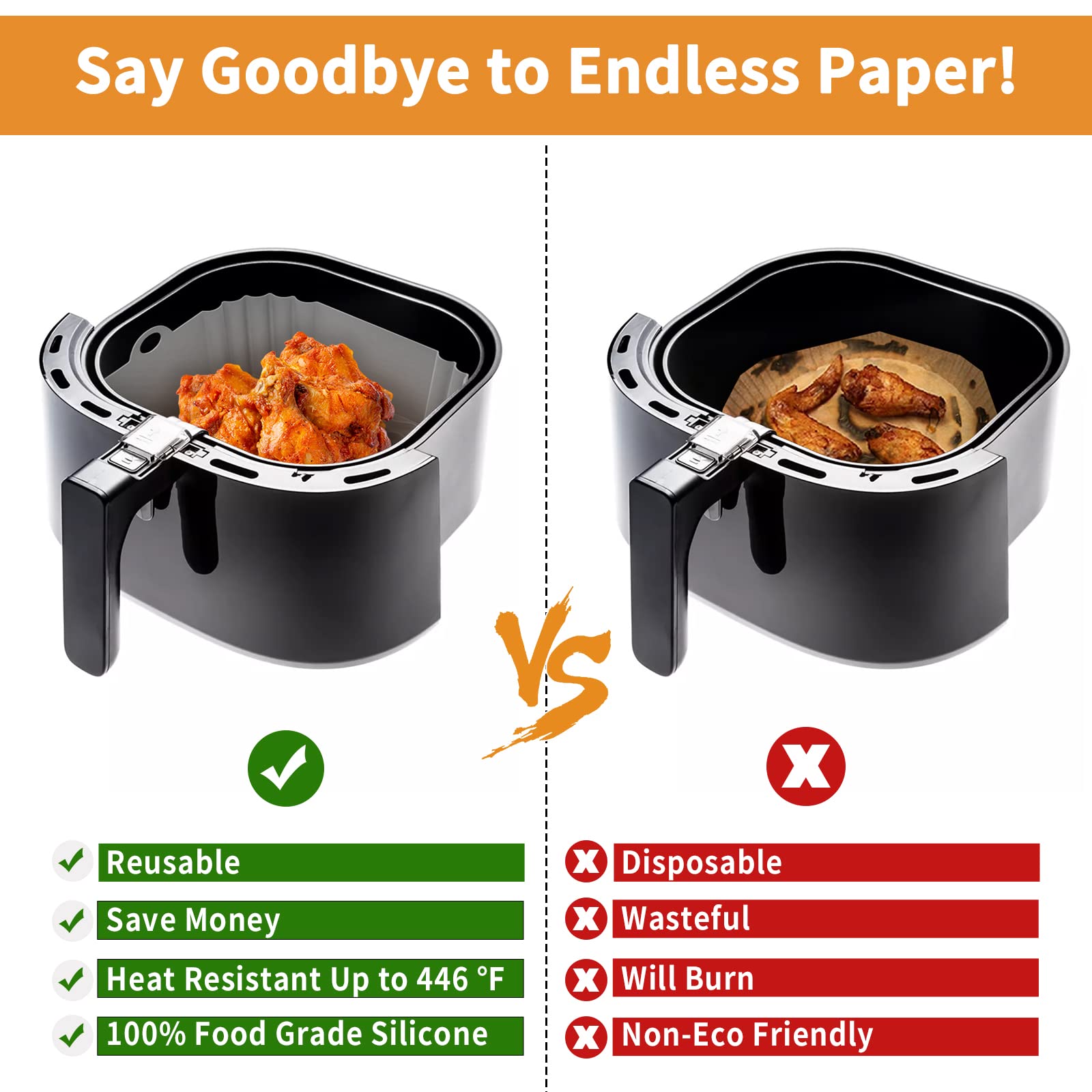 OUTXE 2-Pack Square Silicone Air Fryer Liners 8 inch for 4 to 7 QT, OUTXE 2-Pack Dual Air fryer Silicone Liners for 8 to 10 QT Ninja DZ201/ DZ401