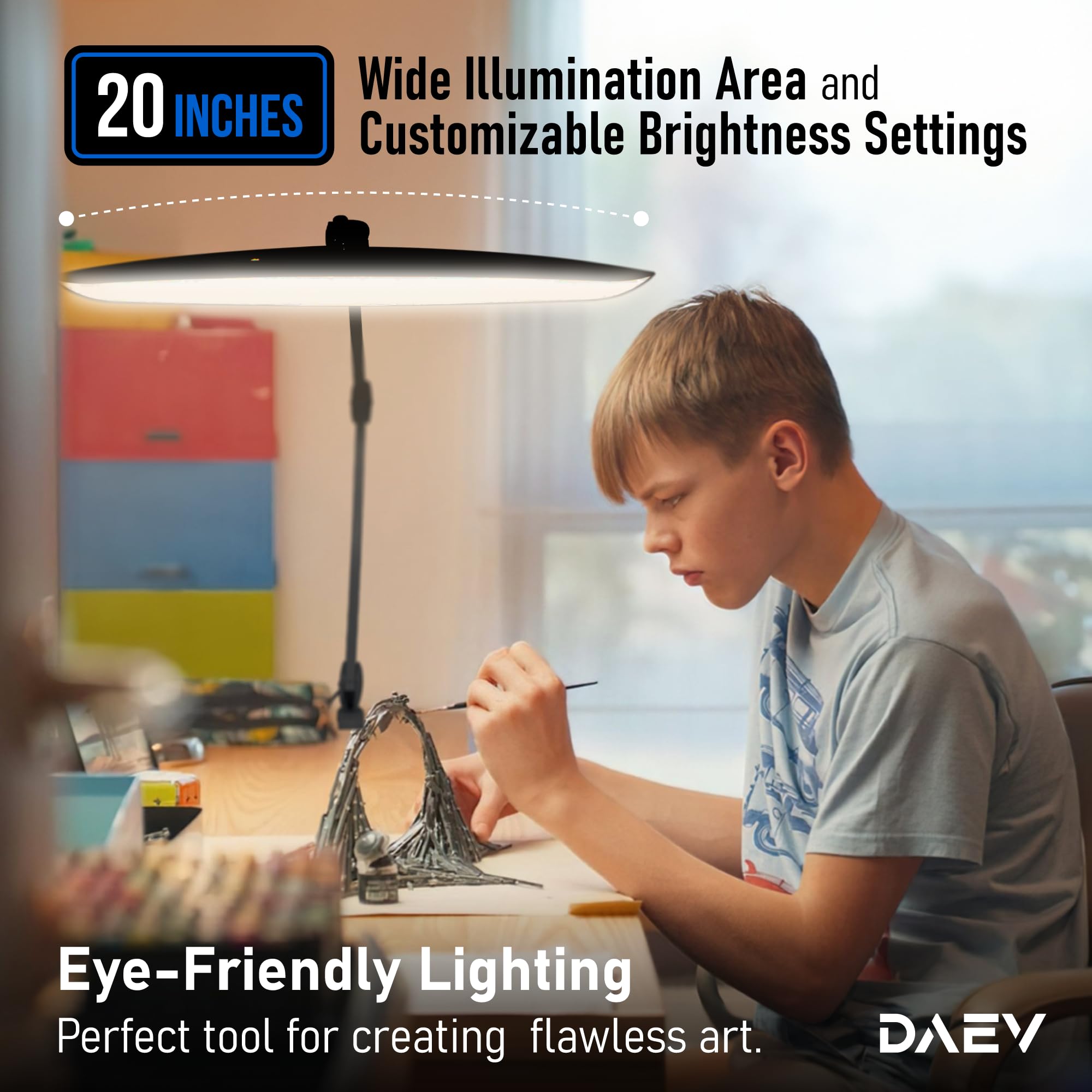 LED Desk Lamp with Clamp - DAEV โ 2,200 Lumen 20" CCT Swing Arm Desk Light- 182 LEDs Adjustable from 300K to 6500K โ Task, and Work Lamp for Nail Techs, Hobbyists, Artists, and Crafters, White