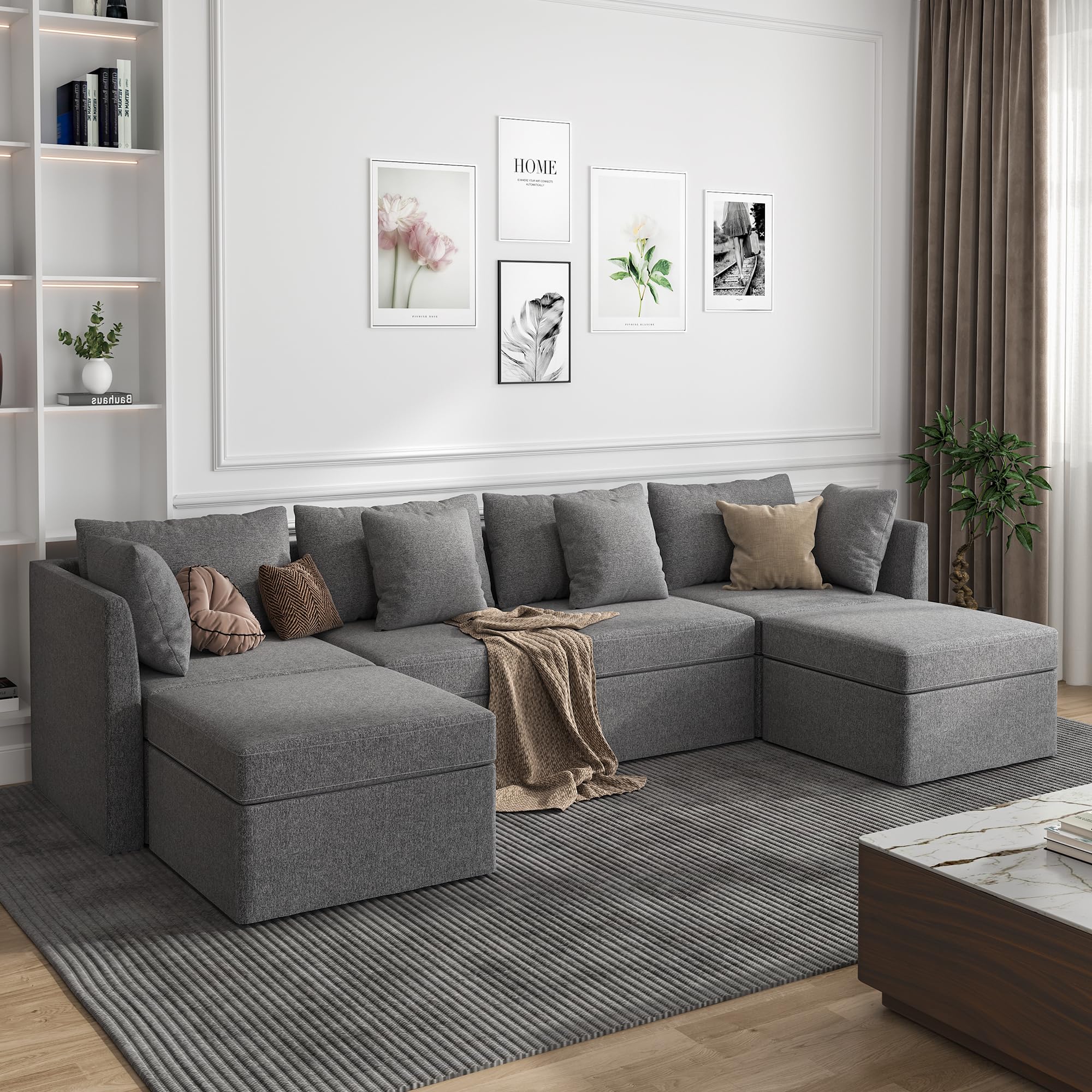 VOLUNCE Modular Sectional Sofa, Convertible U Shaped Couch with Storage Ottoman Throw Pillow, 4 Seat Sofa Set with Double Reversible Chaises, Sectional Sleeper Sofa Bed for Living Room, Beige