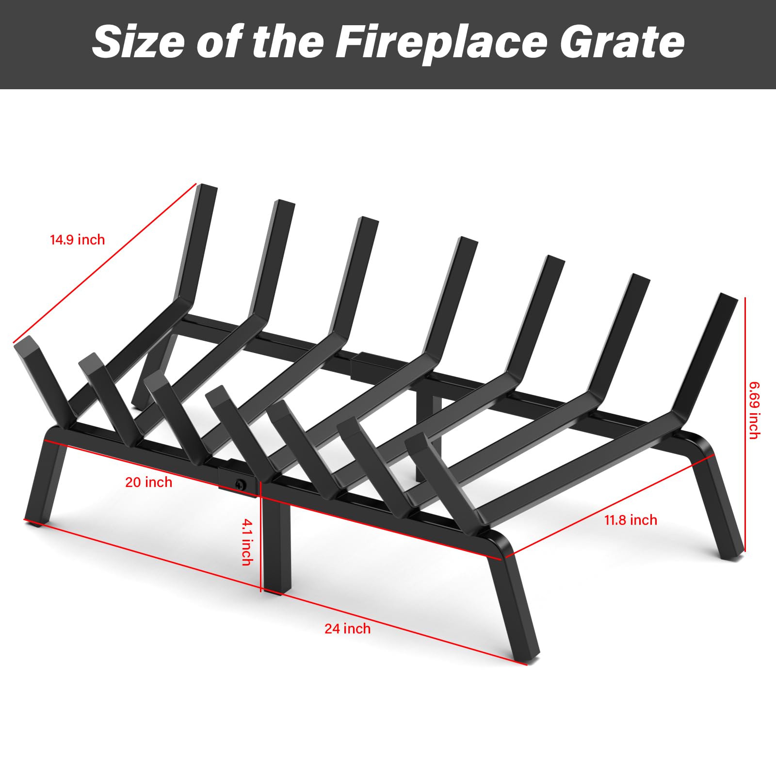 SNOGSWOG 24" Fireplace Grate, Solid Steel Firewood Burning Rack, Heavy Duty Fire Grates, Matt Black Fireplace Rack, 7-Bars Fireplace Log Grate Holder