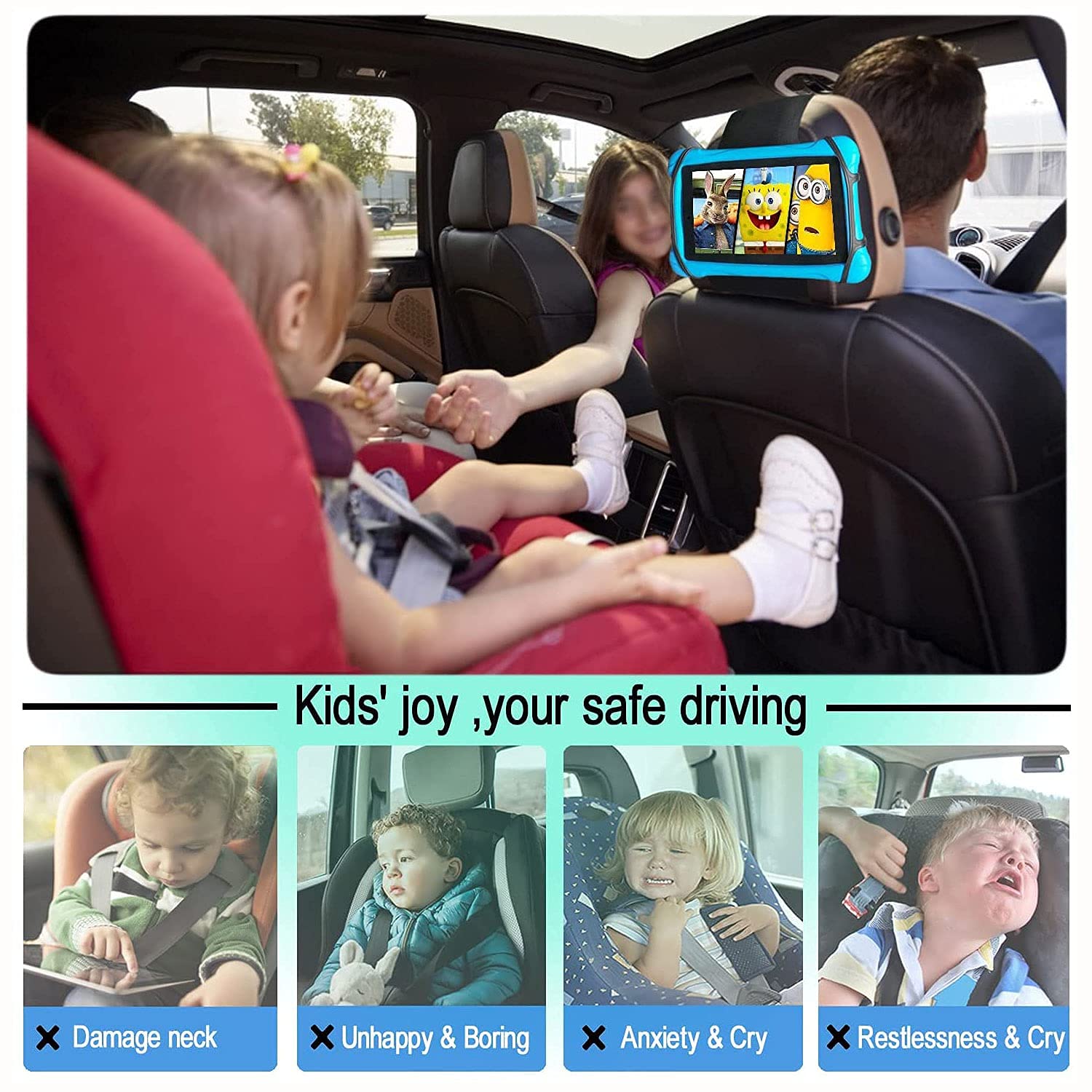 LONANDY Tablet Holder for Car, iPad Holder for Car Backseat Kids, Headrest Tablet Holder with Anti-Slip Strap & Silicone Holding Net, Angle-Adjustable/Fits All 7-12.9" Tablets