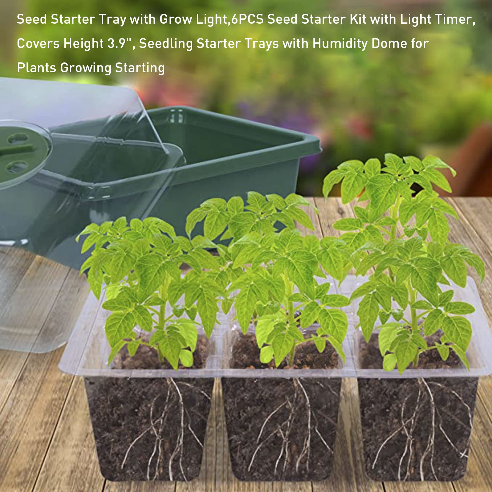 Kamansy Seed Starter Tray with Grow Light, 6PCS Seed Starter Kit with Light Timer, Covers Height 3.9", Seedling Starter Trays with Humidity Dome for Plants Growing Starting