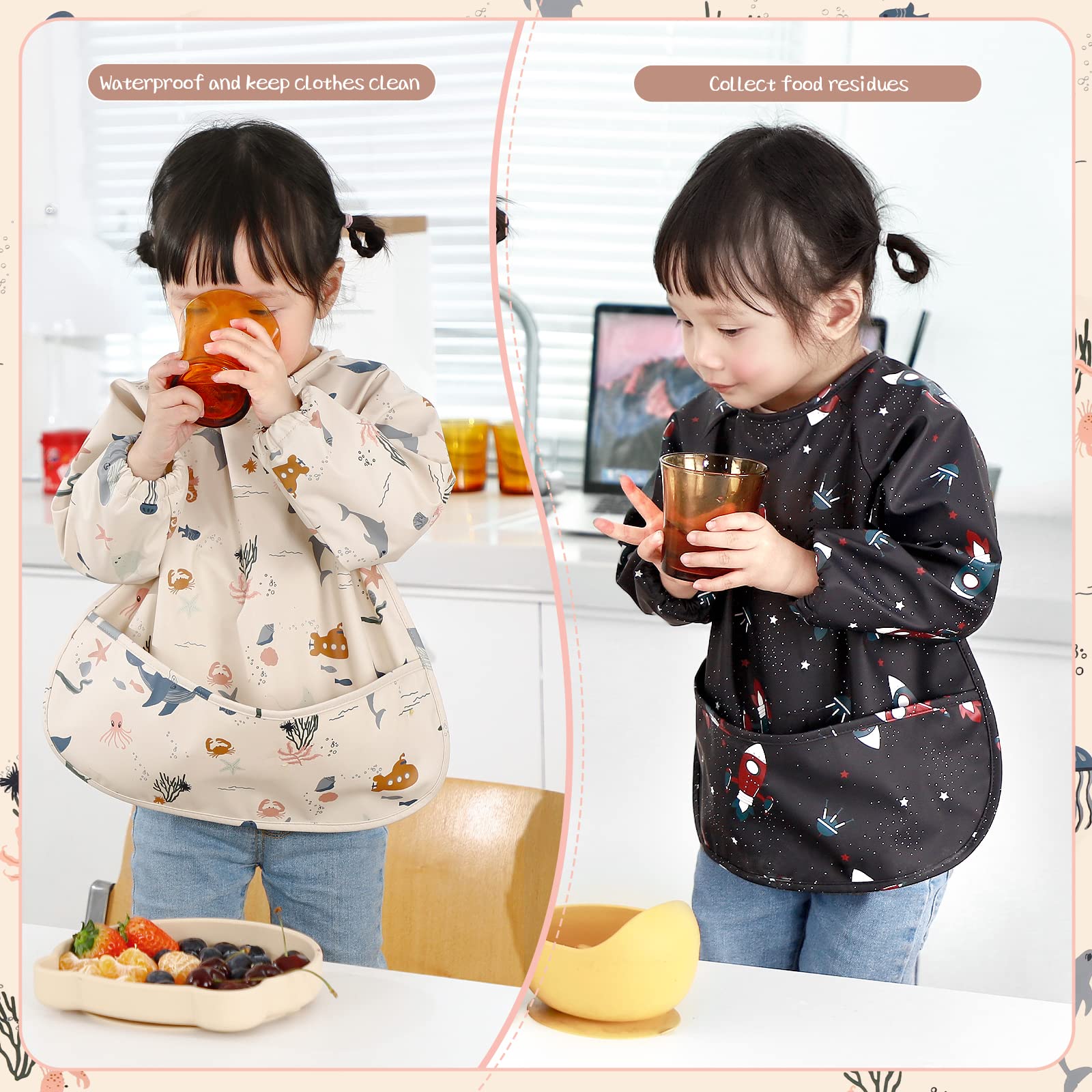 Weather Trend Bibs for Toddlers,Set of 2,Adjustable Baby Bibs for Boy Eating with Crumb Catcher
