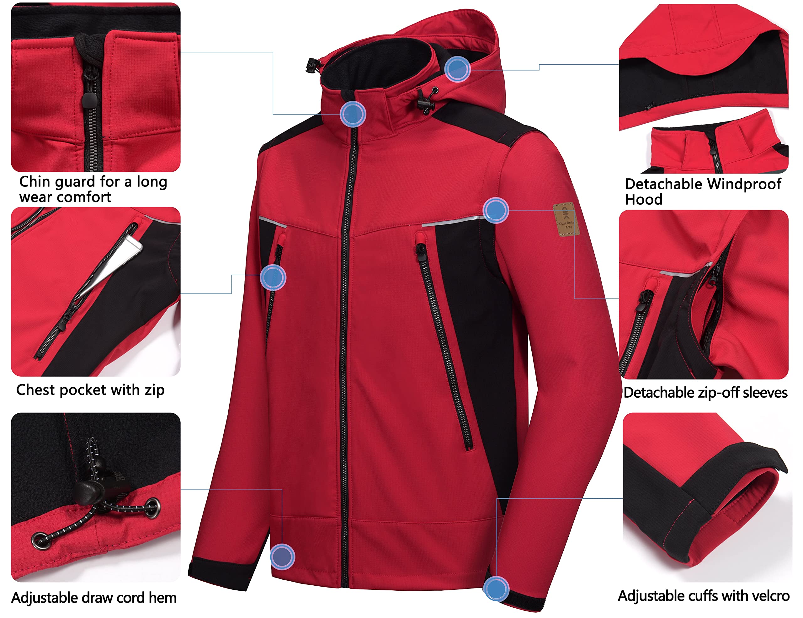 Little Donkey Andy Men's Waterproof Softshell Jacket with Detachable Sleeves and Hood, Fleece Mountain Ski Snow Rain Coat Red Size L
