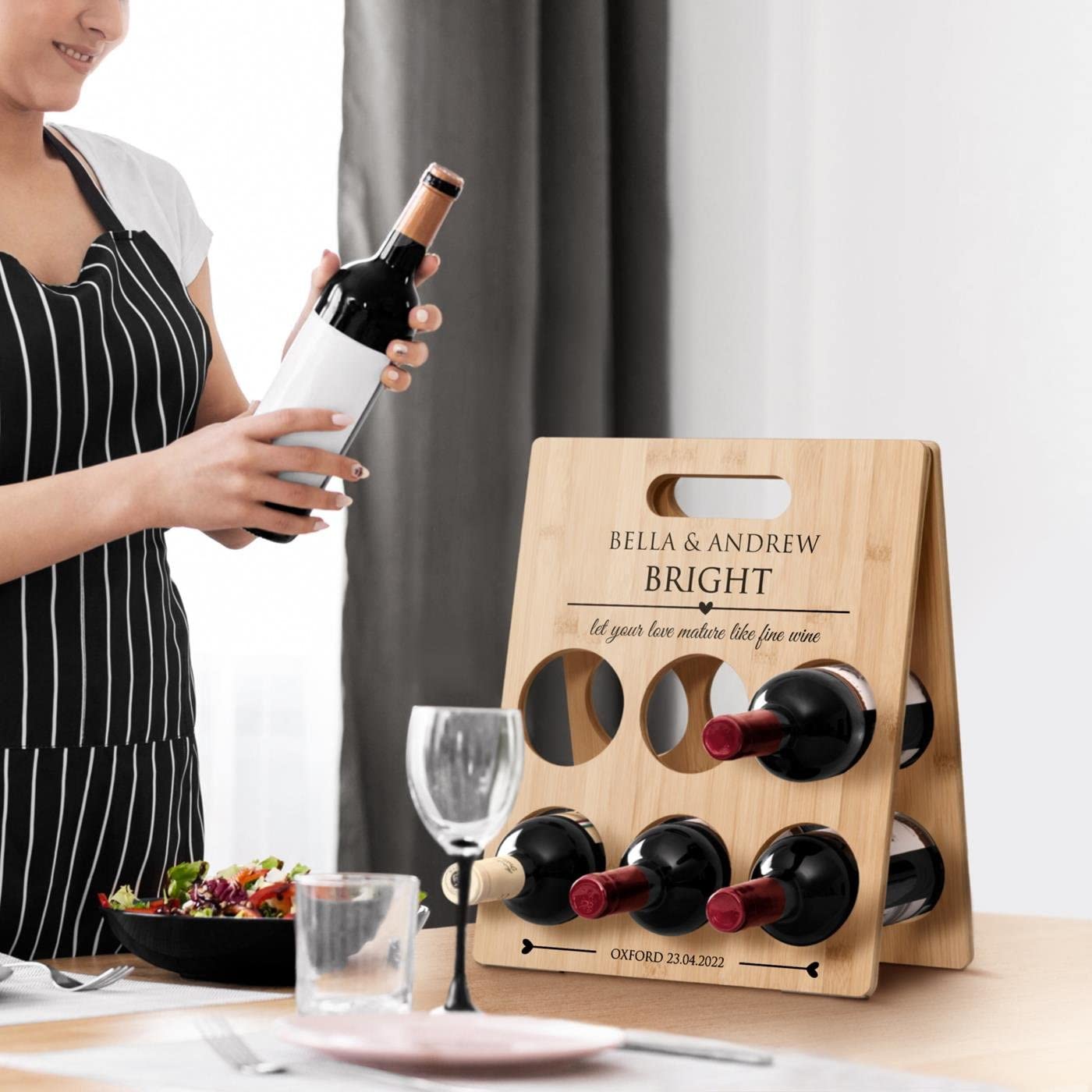 Maverton Personalized Wine Rack for Pair - Wine Holder with Overprint - Wooden Table Stand for Wedding - 6 Wine Bottles Organizer for Couple - for Anniversary - for Christmas - Love