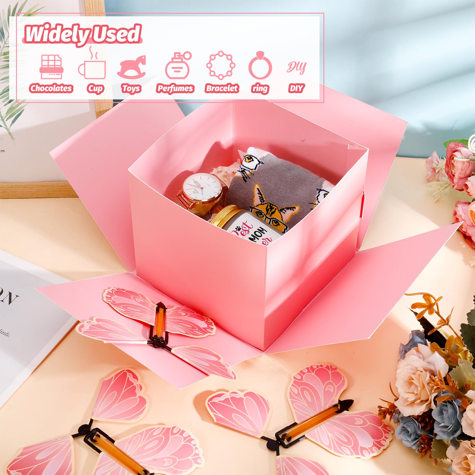 XLSXEXCL Butterfly Explosion Gift Box, Flying Butterfly Surprise Box, Exploding Butterfly Birthday Box with 8 Pcs Flying Butterfly Toy for Birthday, Wedding, Anniversaries, Christmas (Pink)