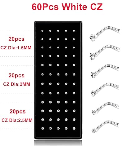 Jstyle 60Pcs L Nose Piercing Studs Jewelry for Women Stainless Steel Body Ear Piercing 22G 1.5mm 2mm 2.5mm