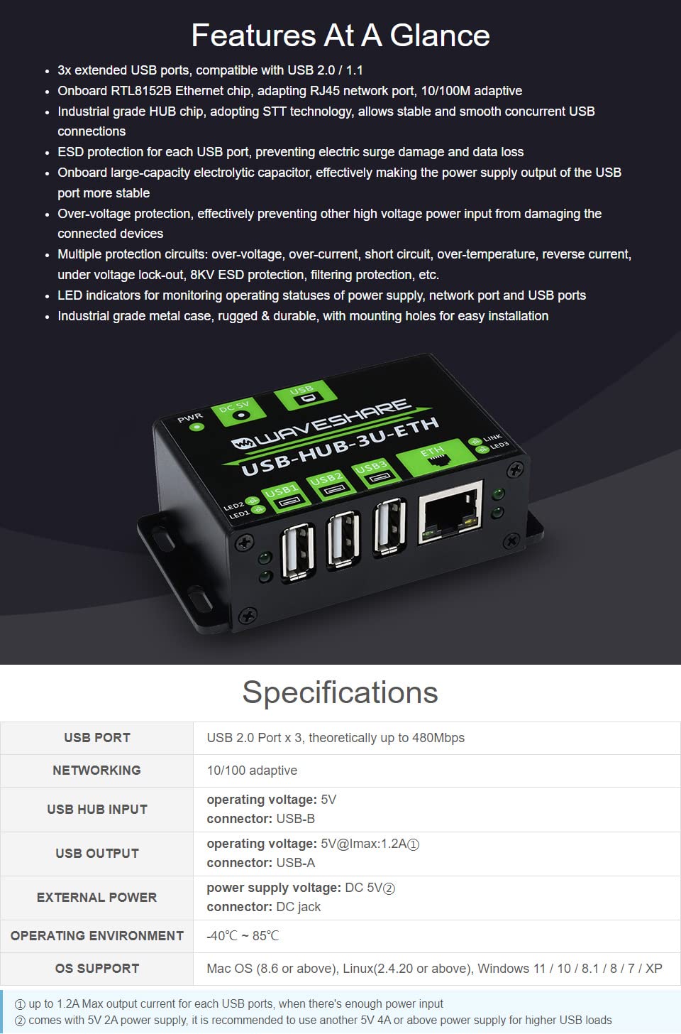 Waveshare Industrial Grade Multifunctional USB HUB Extending 3X USB Ports + 100M Ethernet Port Suitable for Industrial/Office Environments Requiring Higher Level Device and Network Connection