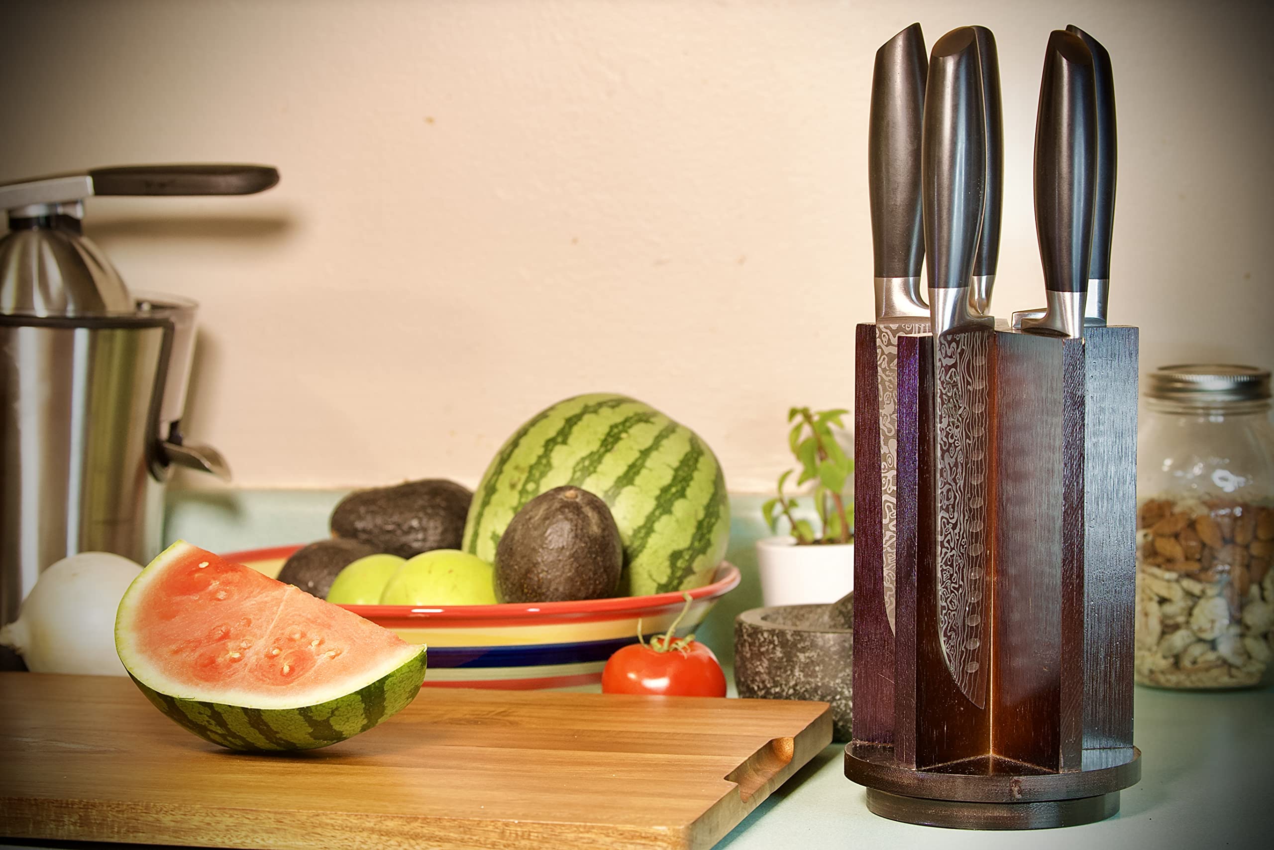 SPIN & SLICE Rotating Magnetic Knife Block: Minimalist, Sleek & Unique Design - Eco Friendly Bamboo - Fits more than 5 Knives - An Essential Kitchen Companion