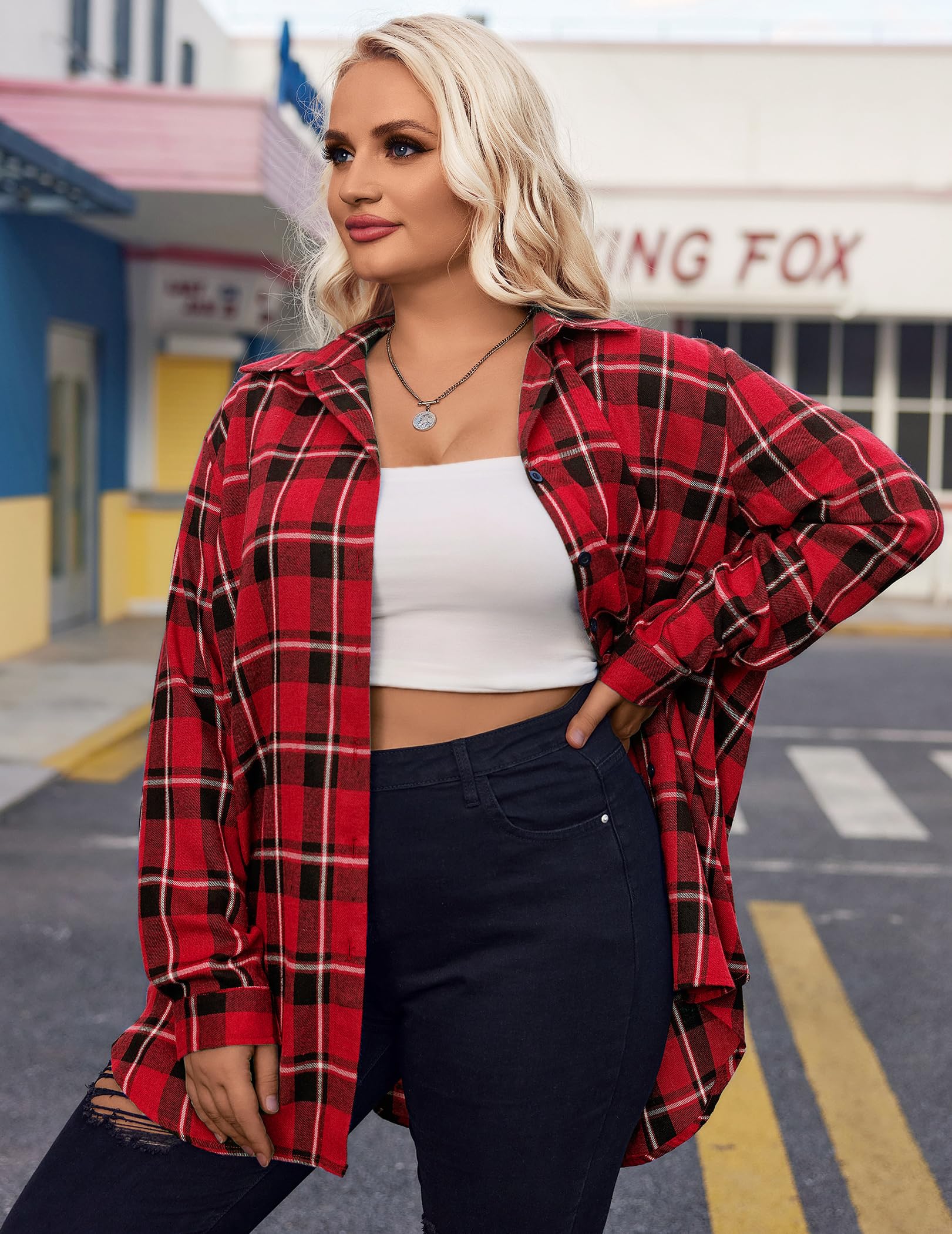 IN'VOLAN Womens Plus Size Flannel Plaid Shirt Roll Up Long Sleeve Mid-Long Button Down Shirts Casual Boyfriend Tops(24 Plus)