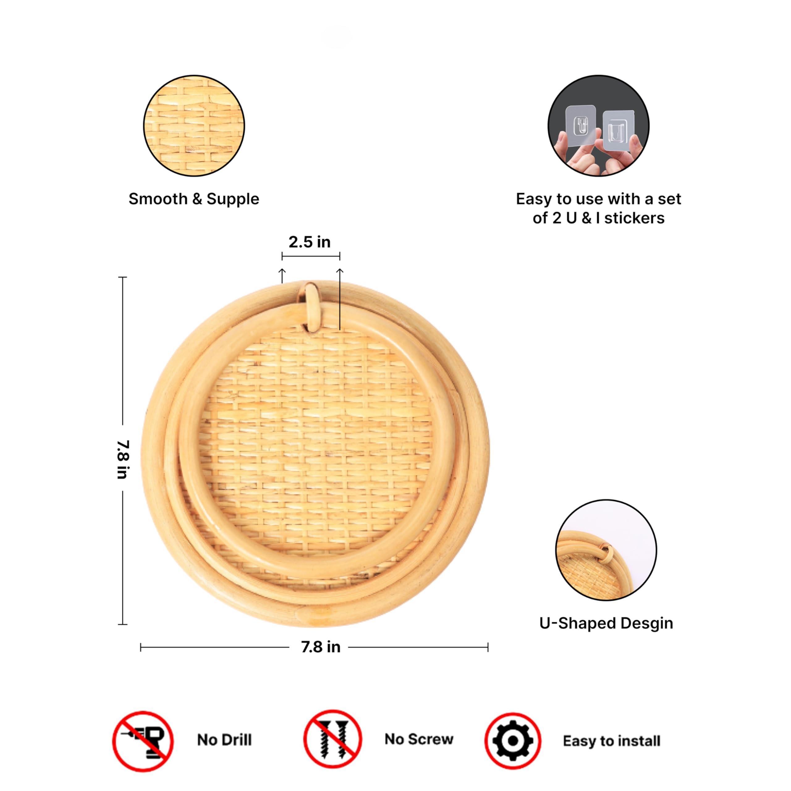 KUTORKILL Rattan Hand Towel Holder for Bathroom and Kitchen Wall - Modern Round Hand Towel Hanger Decorative - Boho Adhesive Hand Towel Ring for Bathroom Decor