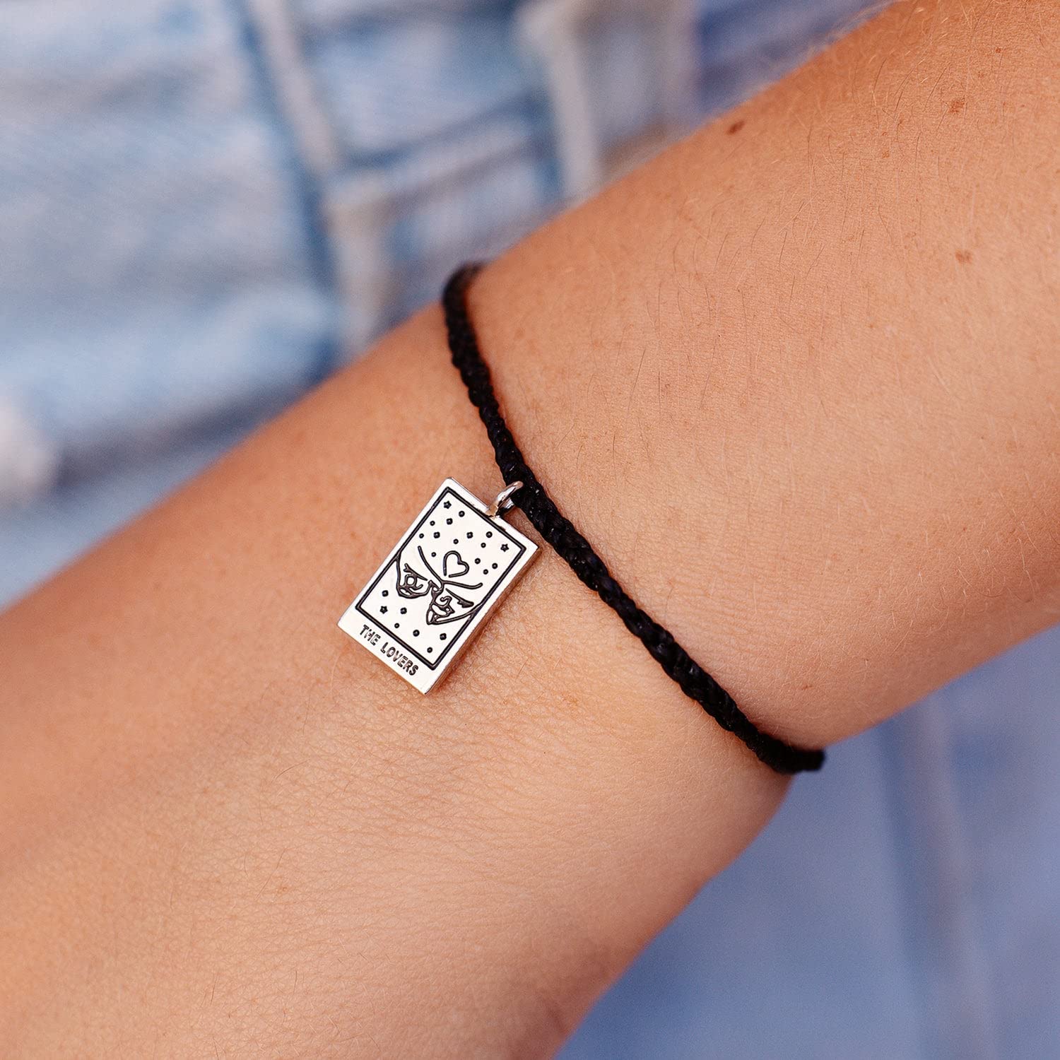Pura Vida Bracelet Silver Lover Tarot Charm Bracelet - Adjustable Bracelet with Waterproof Band, String Bracelet for Women - Stackable Bracelets, Handmade Braceletss - Black