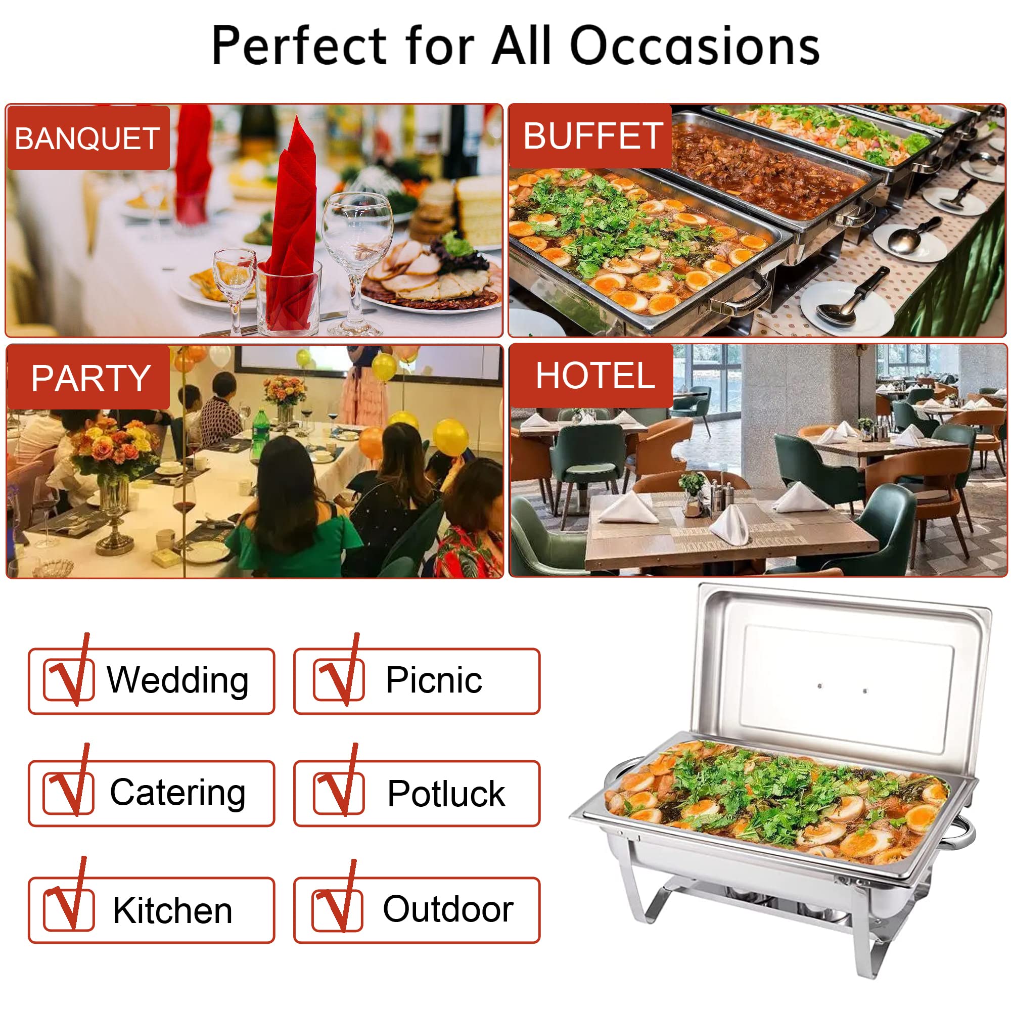 MRIISEL Chafing Dish Buffet Set - 4 Pack, 8 Quart Stainless Steel Chafer Buffet Servers and Warmers Set with Folding Frame for Weddings, Parties, Banquets, and Catering Events