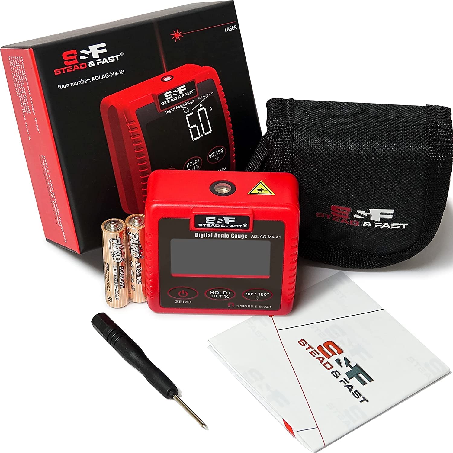 S&F STEAD & FAST Digital Angle Gauge Magnetic with Laser, 4 Magnets, Measures and Sets Angles, Angle Cube Protractor Level with Case, Angle Finder Tool for Table Saw, Woodworking
