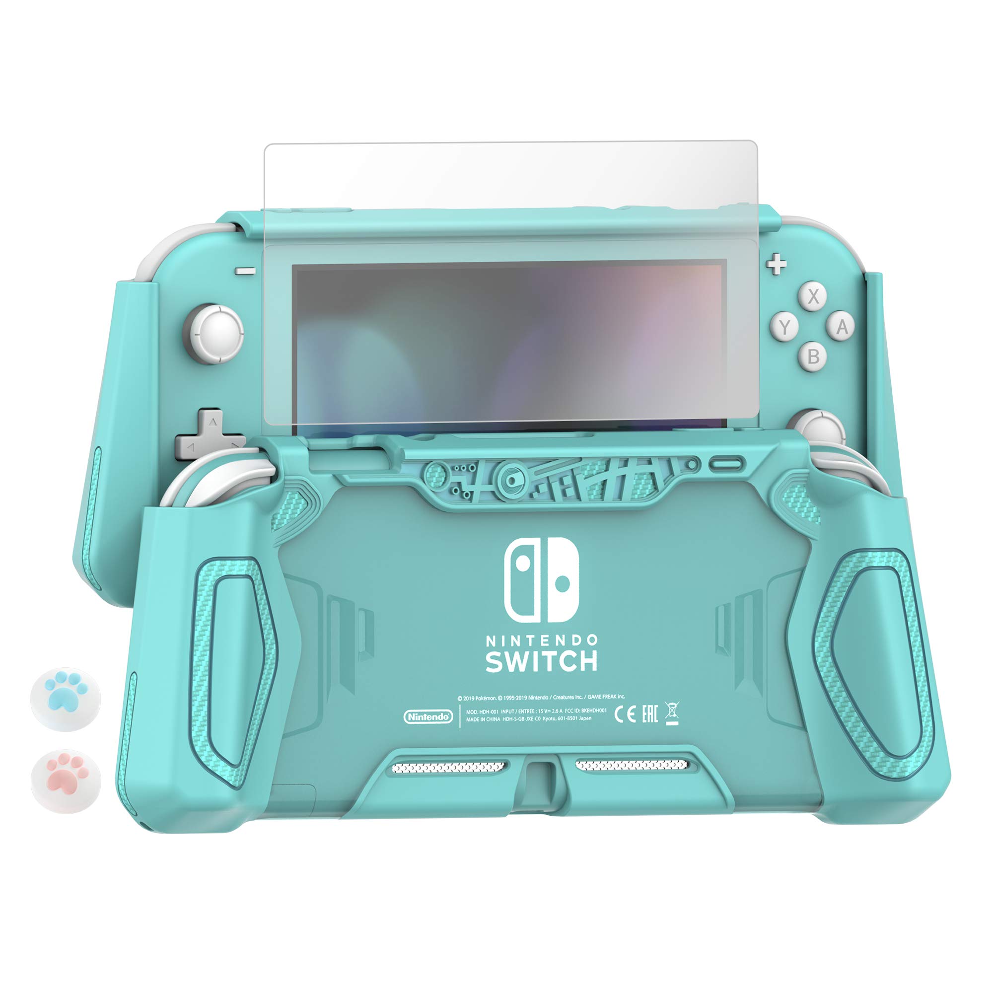 Letobee Protective Case for Nintendo Switch Lite, 2022 UPGRADED Latest Ergonomic Design Comfortable Grip with 2 Pack Thumb Grip Cap & HD Screen Protector SET Teal
