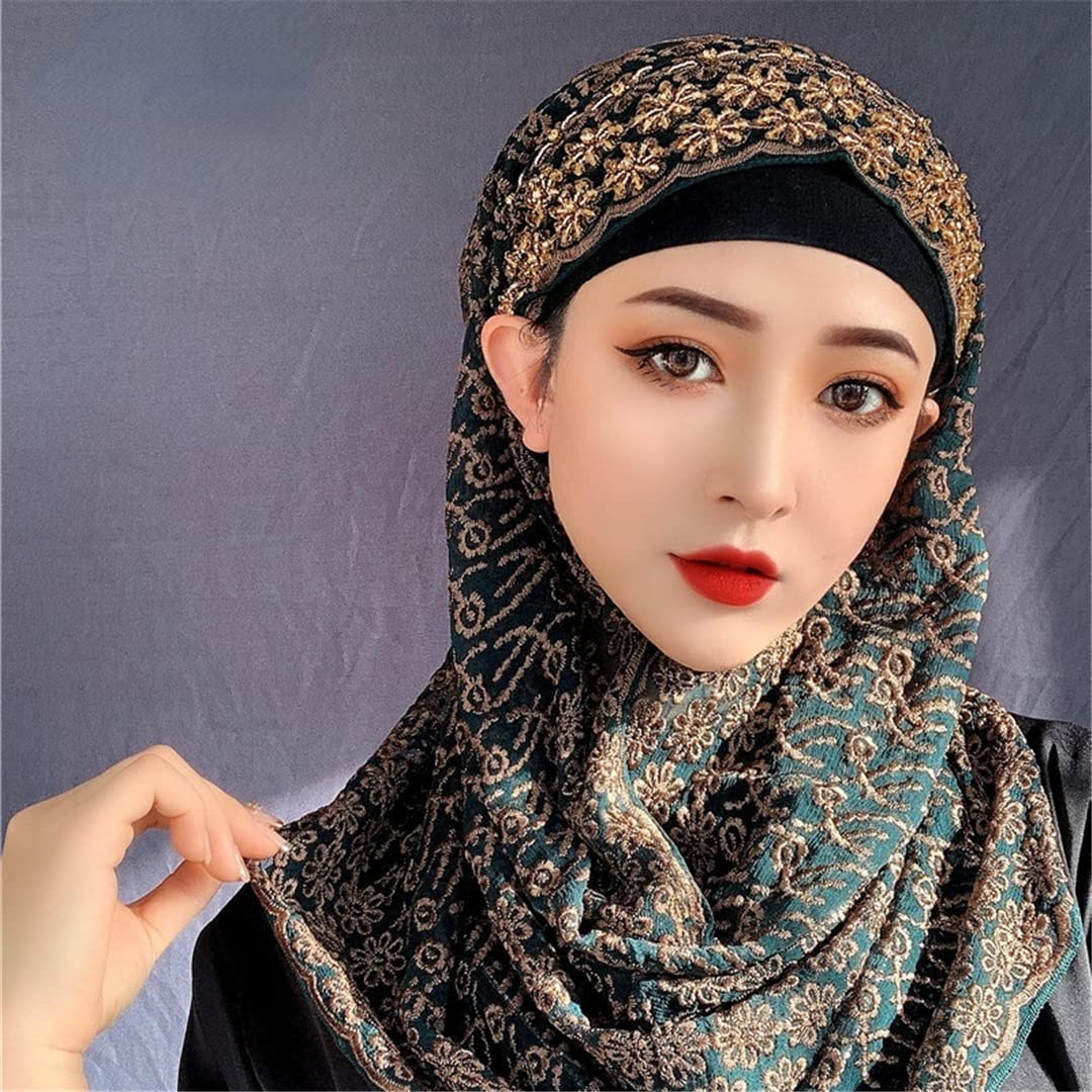 Muslim Luxury Silk Hijabs Embroidery Head Scarf Concealed Buckle Headscarf Diamond Head Wrap Arab Pink