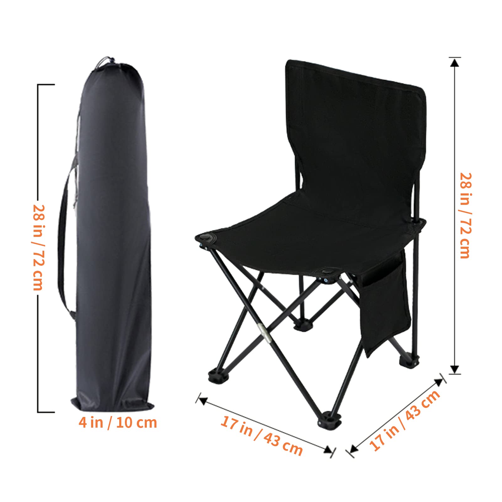 Puraville Easy Set-Up Camping Chairs 2 Pack, Portable Outdoor Chairs with Storage Pockets for Both Adults and Kids(Black, 2pcs)
