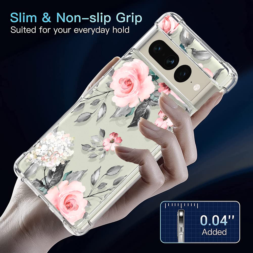 KANGHAR Compatible with Google Pixel 7 Pro Case,Clear Floral Shockproof Drop Protective Girls Women Hard Case with TPU Bumper Cover Phone Case-Pink Rose
