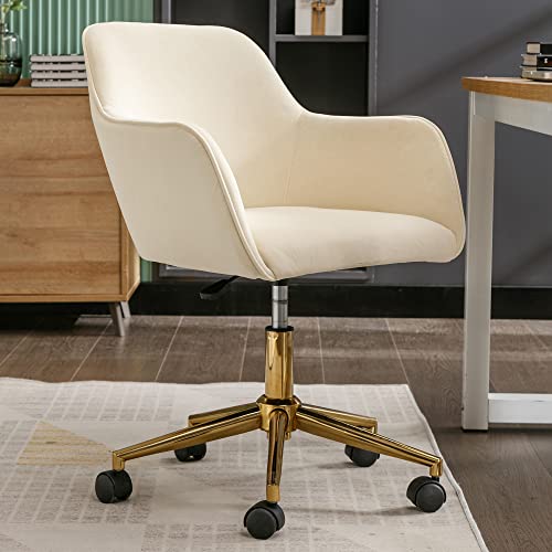 Yoluckea Modern Velvet Home Office Chair, Adjustable Swivel Office Chair for Living Room,Cute Desk Chair for Teen Girl,Upholstered Task Accent Chair Executive Vanity Chair Cream White