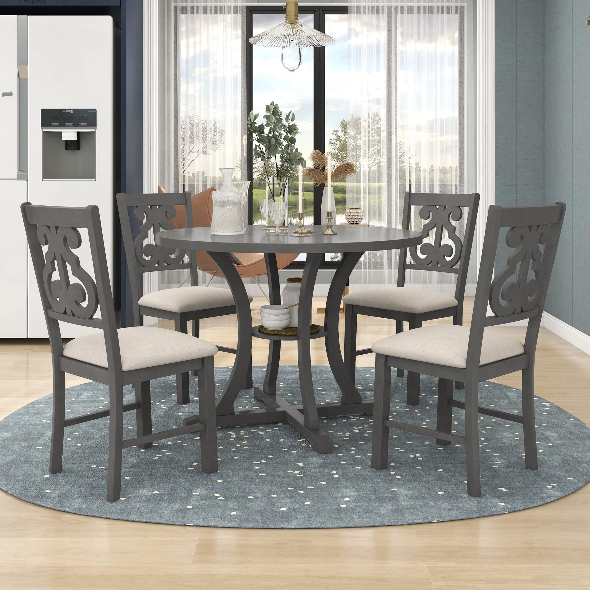 LCH 5 Piece Round Table Set 4 with Special-shaped Legs and an Exquisitely Designed Hollow Chair Back in The Dining Room (Grey)
