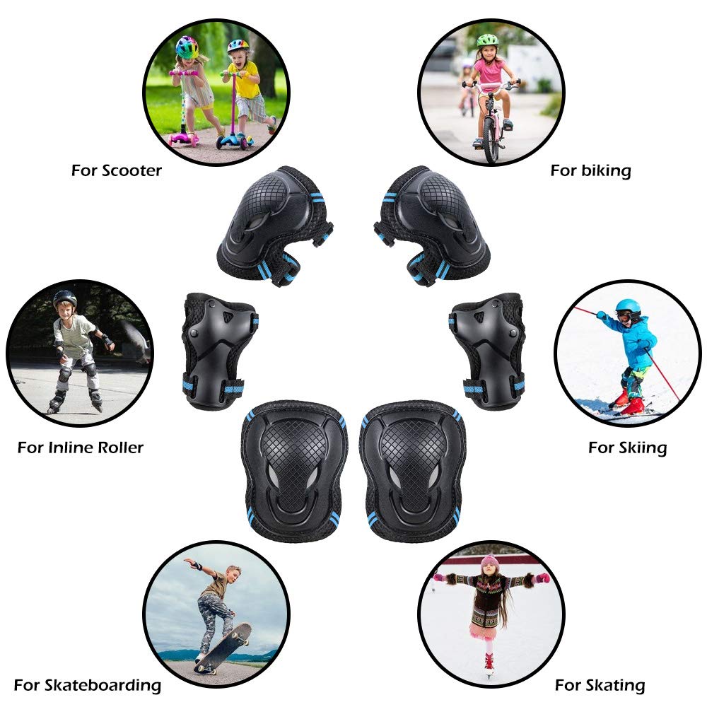 Labeol 6 Pack Kids & Adults Skateboard Ice Roller Skating Protective Gear Elbow Pads Wrist Guard Cycling Riding Knee Protector Set (Black and Blue, Medium)