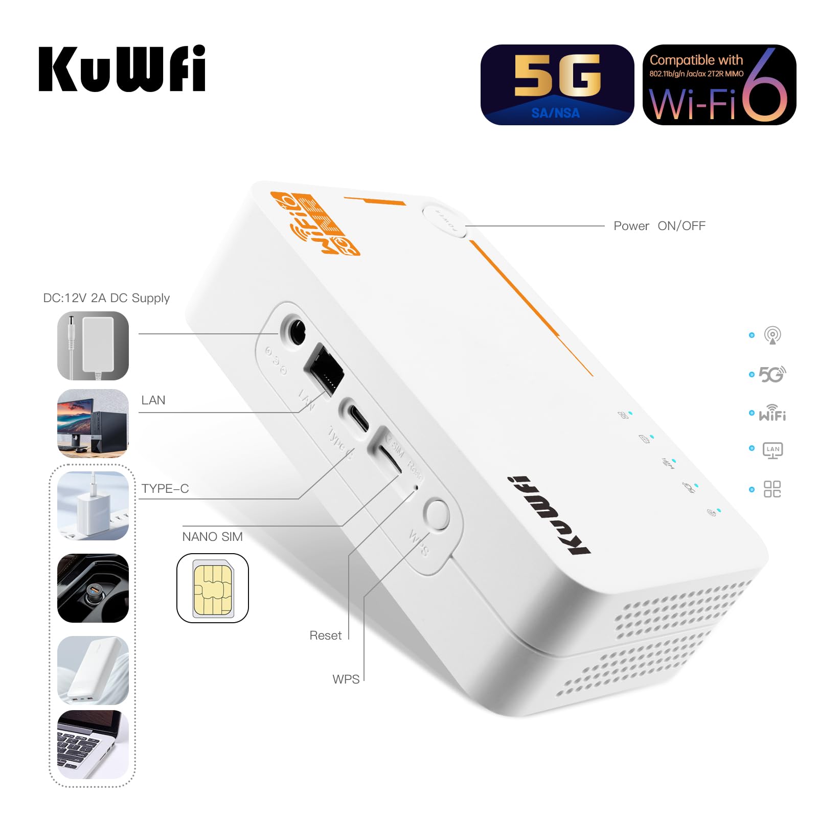 KuWFi 4G LTE USB WiFi Modem Mobile Internet Devices with SIM Card Slot High Speed Portable Travel Hotspot Mini Router for USA/CA/MX