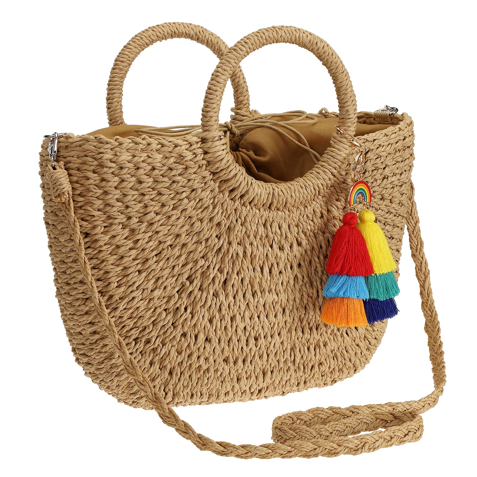 So'each Women's Handmade Rattan Large Size Straw Tote Shoulder Bag Khaki