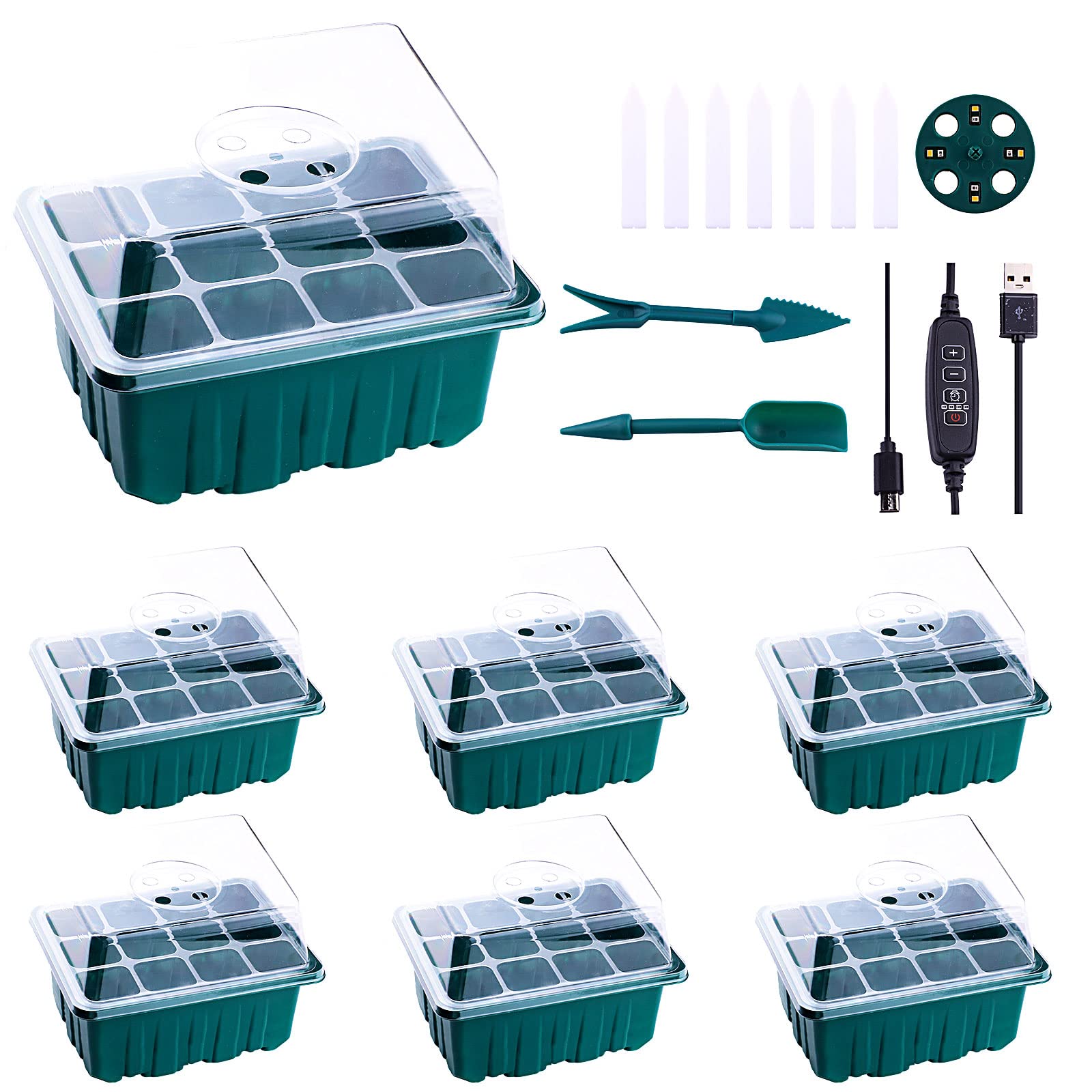 Kamansy Seed Starter Tray with Grow Light, 6PCS Seed Starter Kit with Light Timer, Covers Height 3.9", Seedling Starter Trays with Humidity Dome for Plants Growing Starting