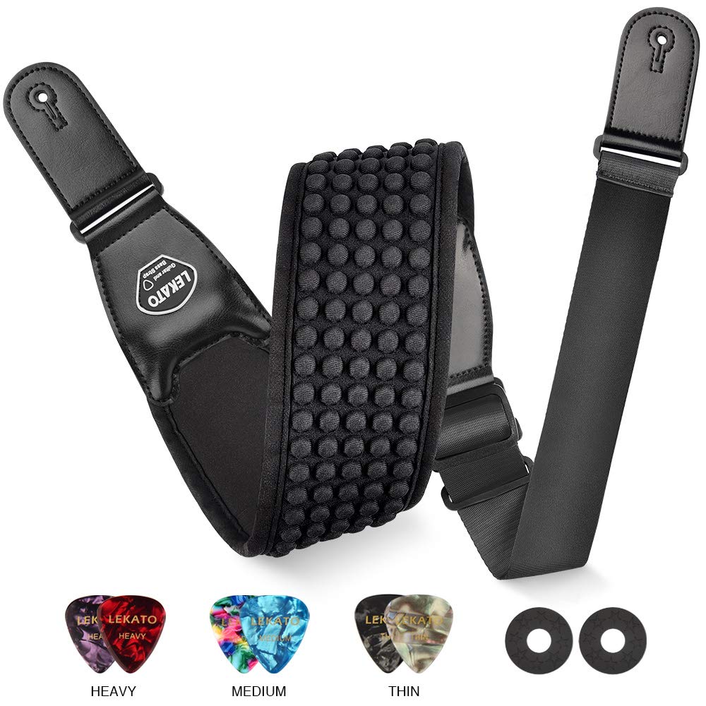 LEKATO Guitar Straps for Electric Guitar Bass, 3.5" Wide Padded Guitar Strap Neoprene Pad with 3D Sponge Filling Bass Guitar Straps Adjustable Length from 45" to 55" with Strap Locks, Picks