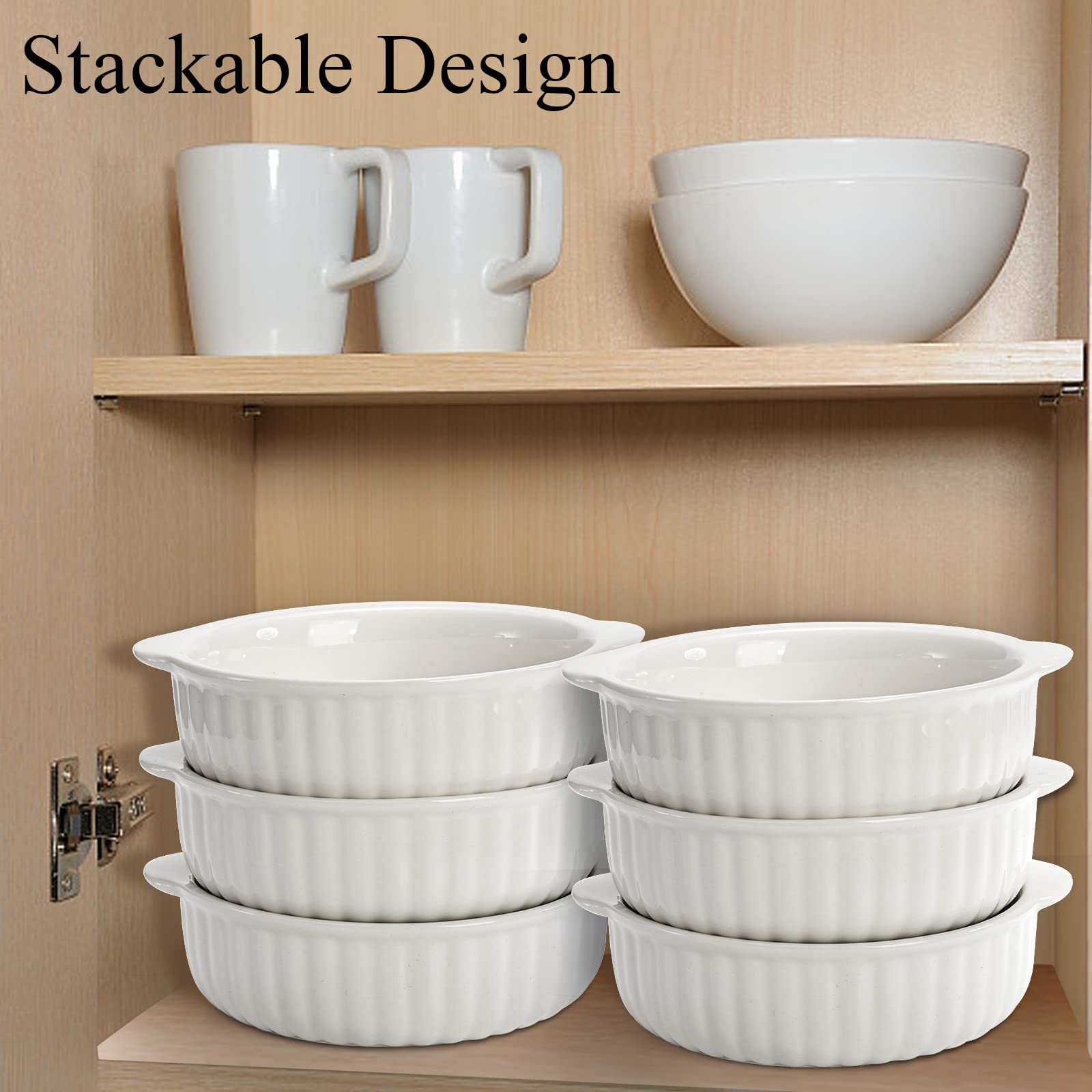 Mezchi 6 Pack Porcelain Ramekins with Handles, 14 Oz Ceramic Creme Brulee Souffle Baking Dishes Bowl, French Onion Soup Bowls for Ramen, Stew, Lava Cakes, Dishwasher, Oven, Microwave Safe, White