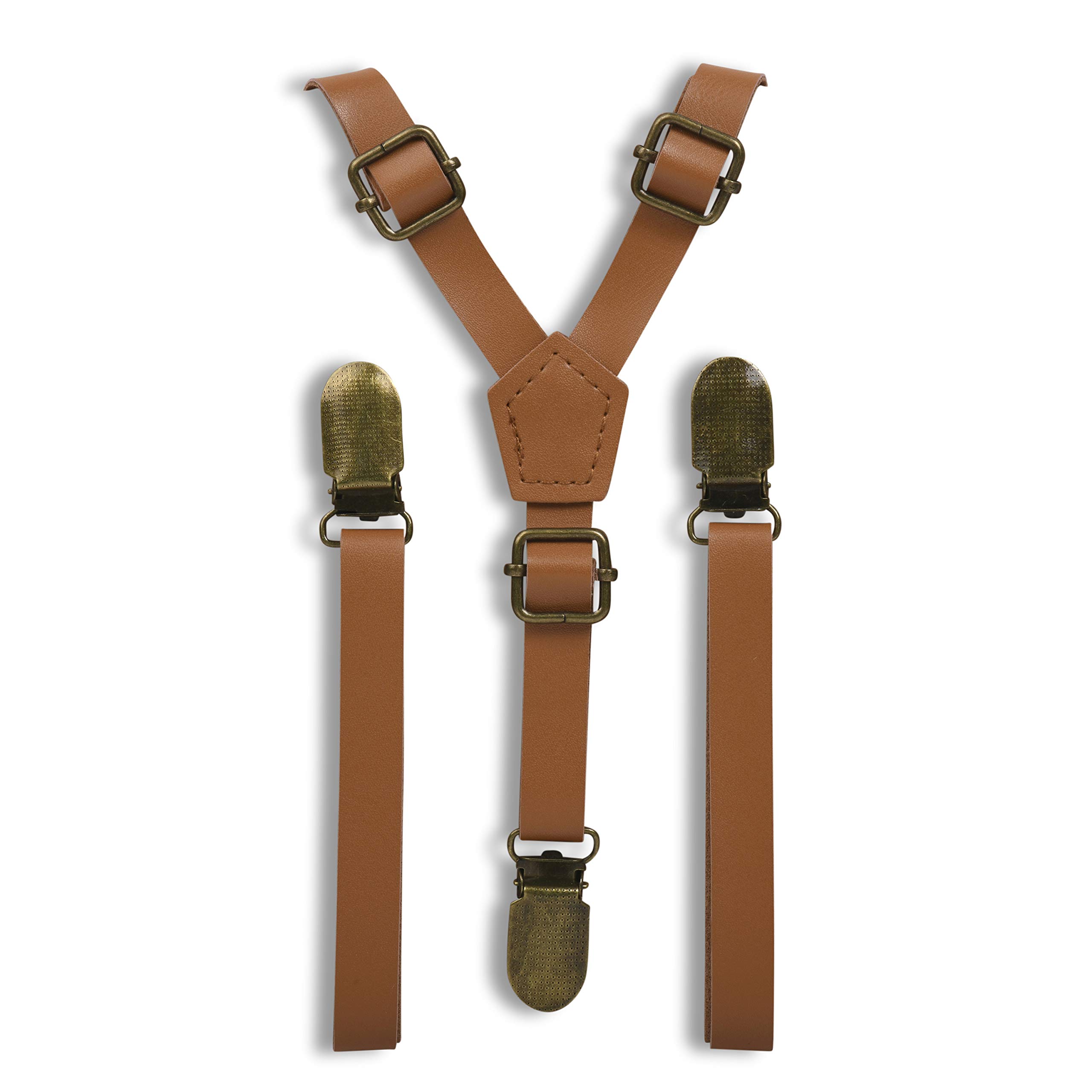 London Jae Apparel Brown Faux Leather Suspenders for Men, Groom, Groomsmen attire, Rustic Wedding Outfits (35”-67" fits up to 6’8) (Adult, Caramel Brass)