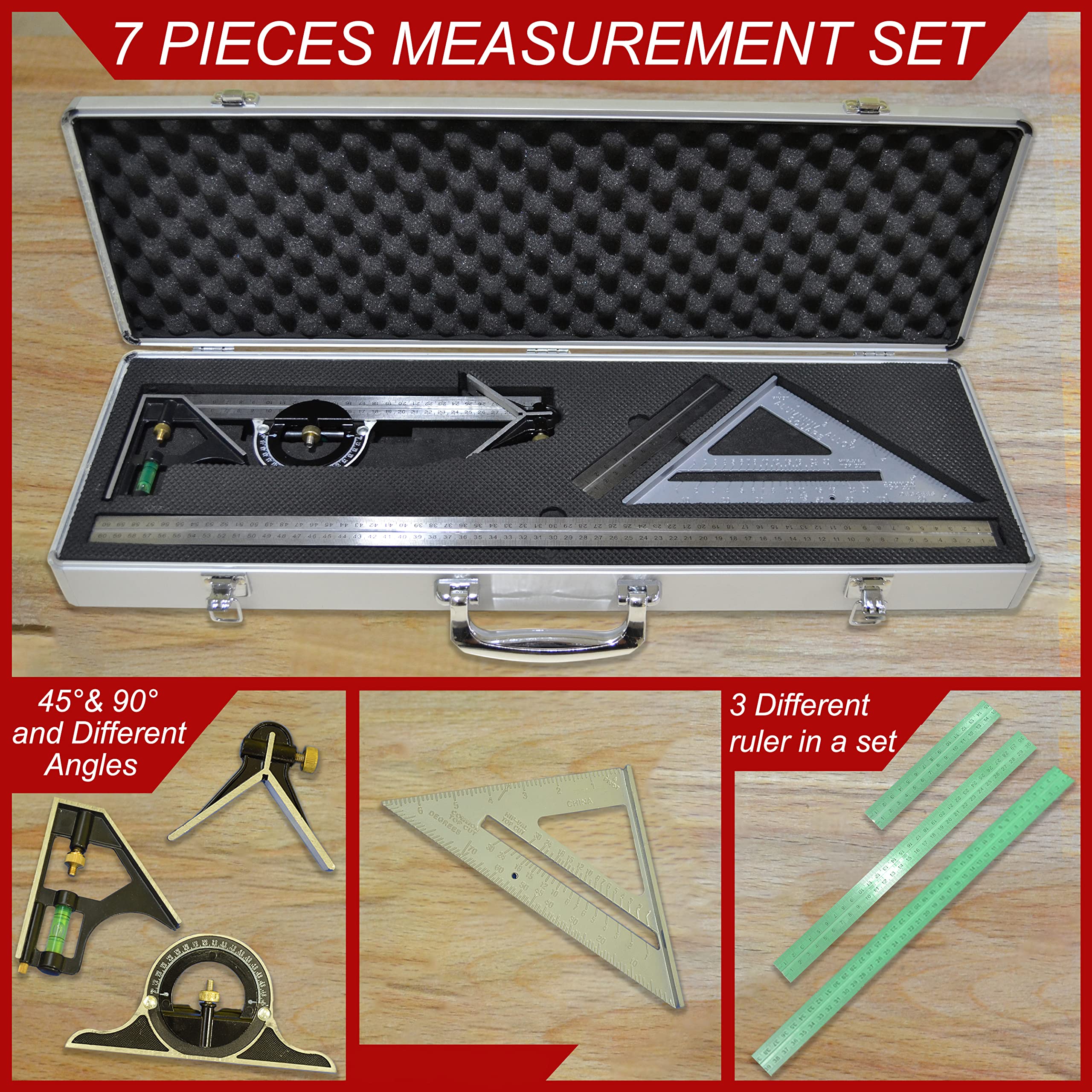 SOWL 7 Pcs Combination Square Set | 3 Size Rulers | Framing Rafter Square for Speed & Accuracy | Multi Angle Measurement Tool Bundle for Carpenters | Large Aluminum Case