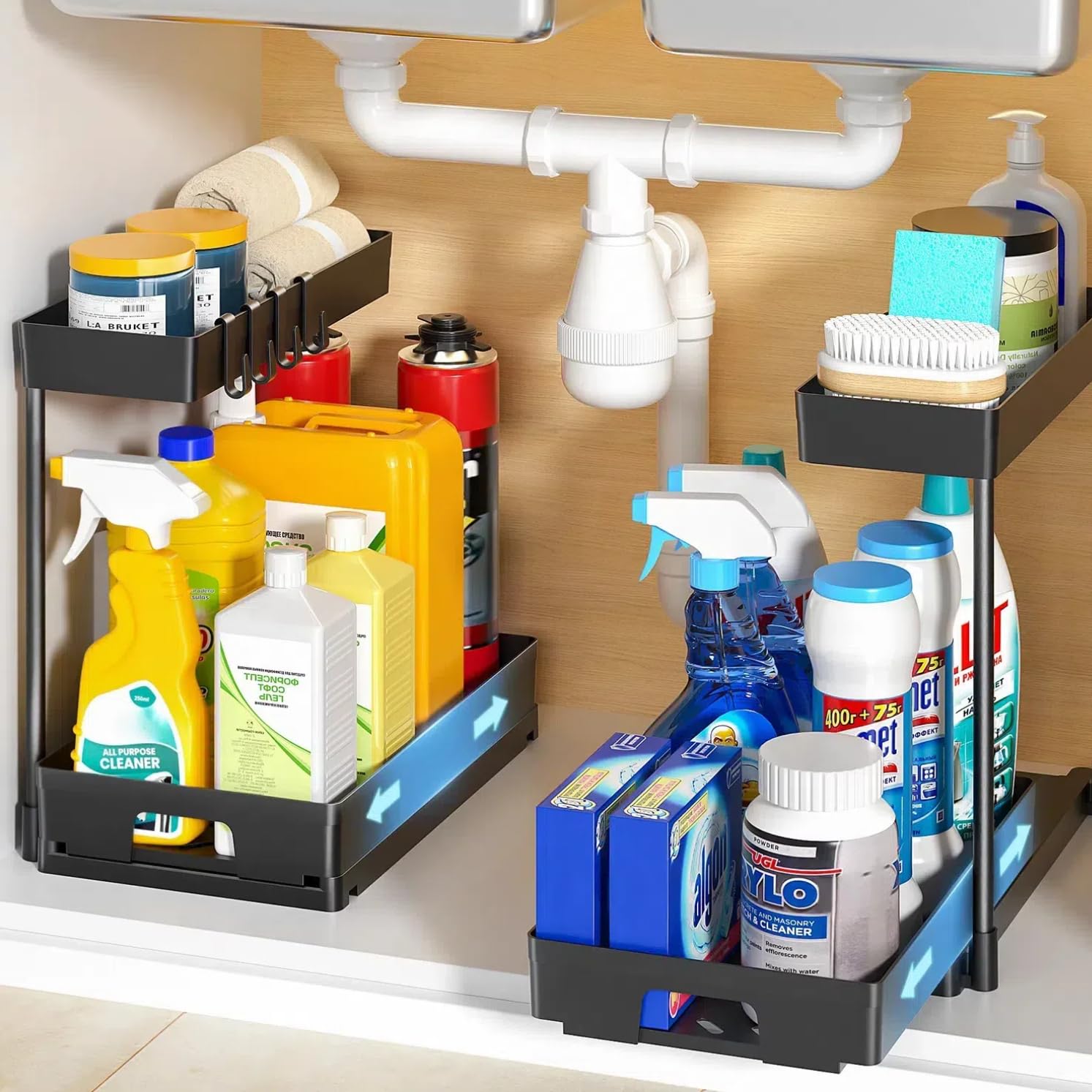 TidyLamu 2 Pack Under Sink Organizers and Storage, 2 Tier L-Shape Pull Out Under Cabinet Organizer, Black Under Bathroom Kitchen Sink Organizer with Drawer for Under Counter Storage Organizer